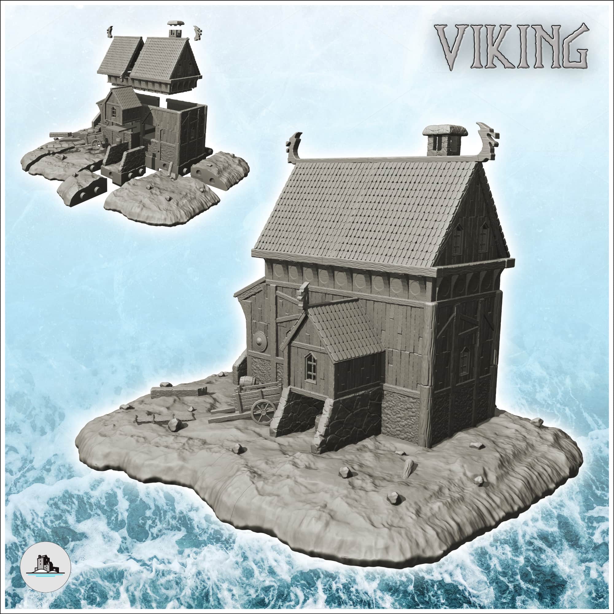 Large wooden and stone Viking house with carved stairs and accessories ...