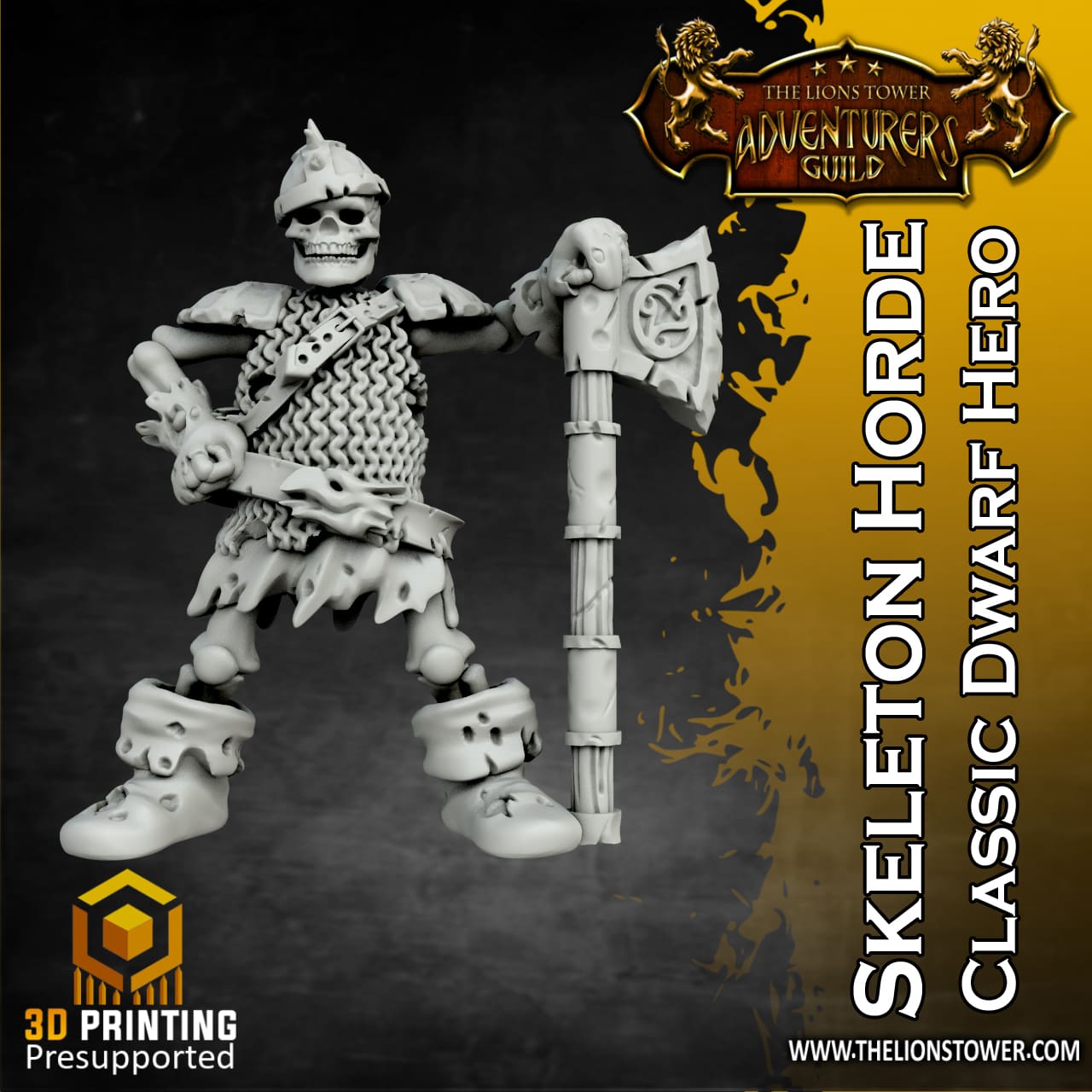 Skeleton Horde - Classic Dwarf Skeleton Hero (32mm scale, Pre-supported ...
