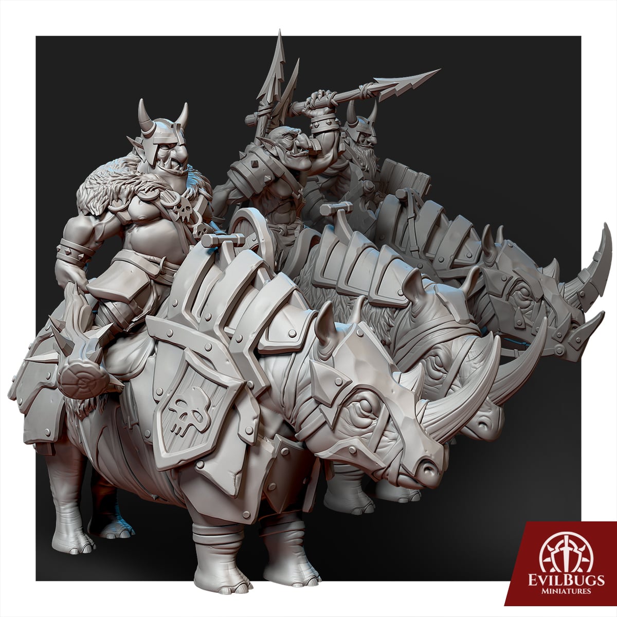 Orc And Battle Rhinos ( 3 Rhino + 6 Riders) 32mm by Evil Bugs - MiniHoarder