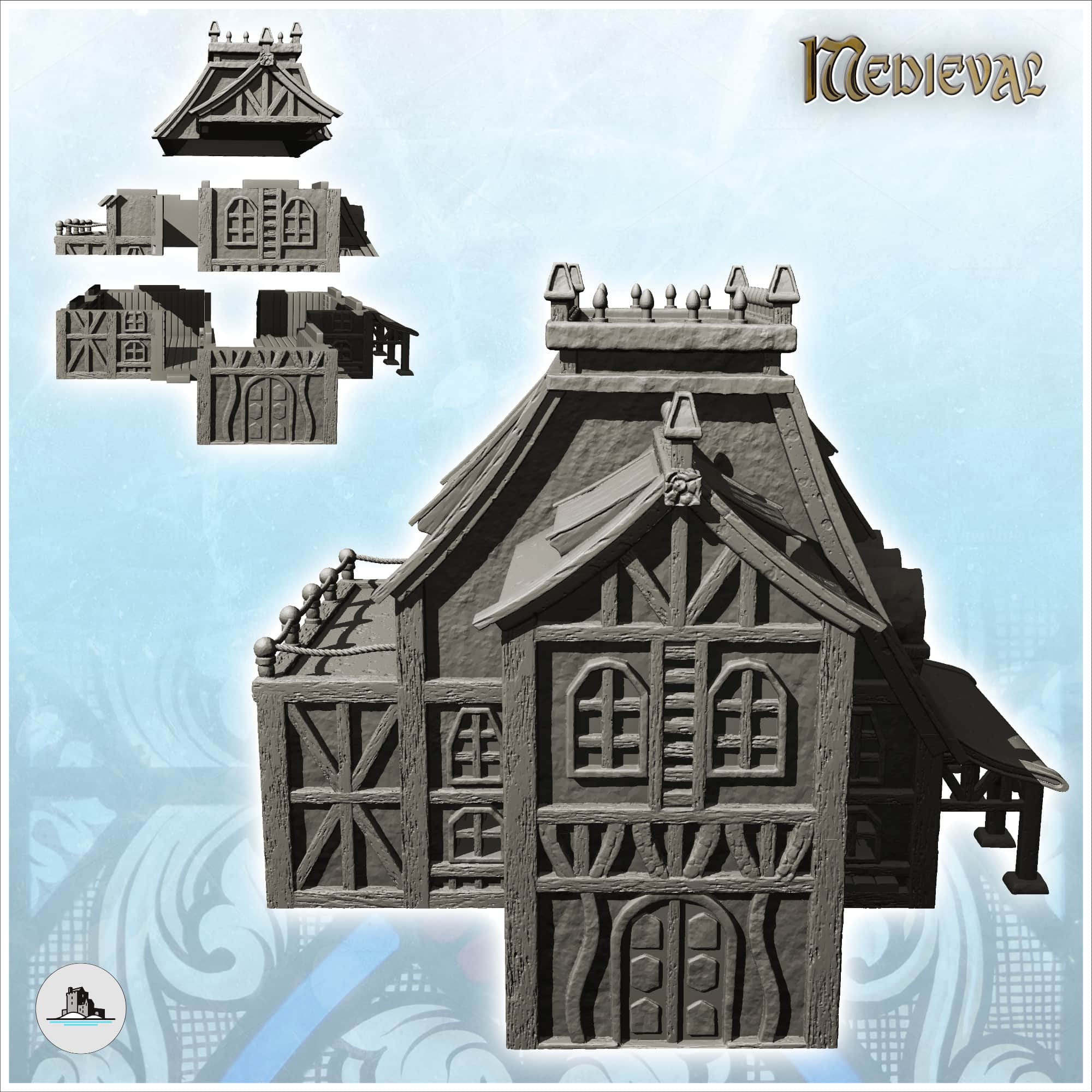Large medieval half-timbered building with spiked roof and side canopy ...