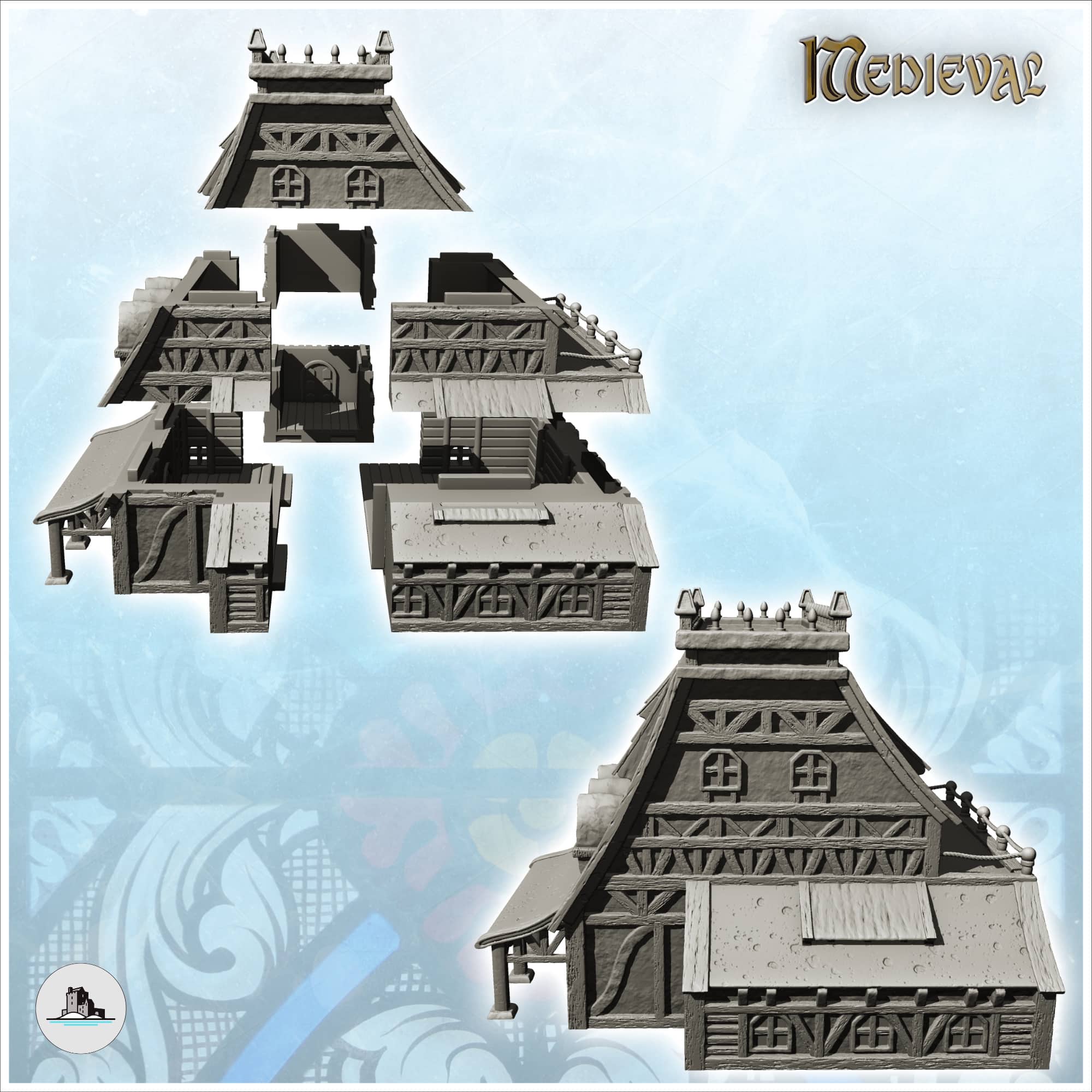 Large medieval half-timbered building with spiked roof and side canopy ...