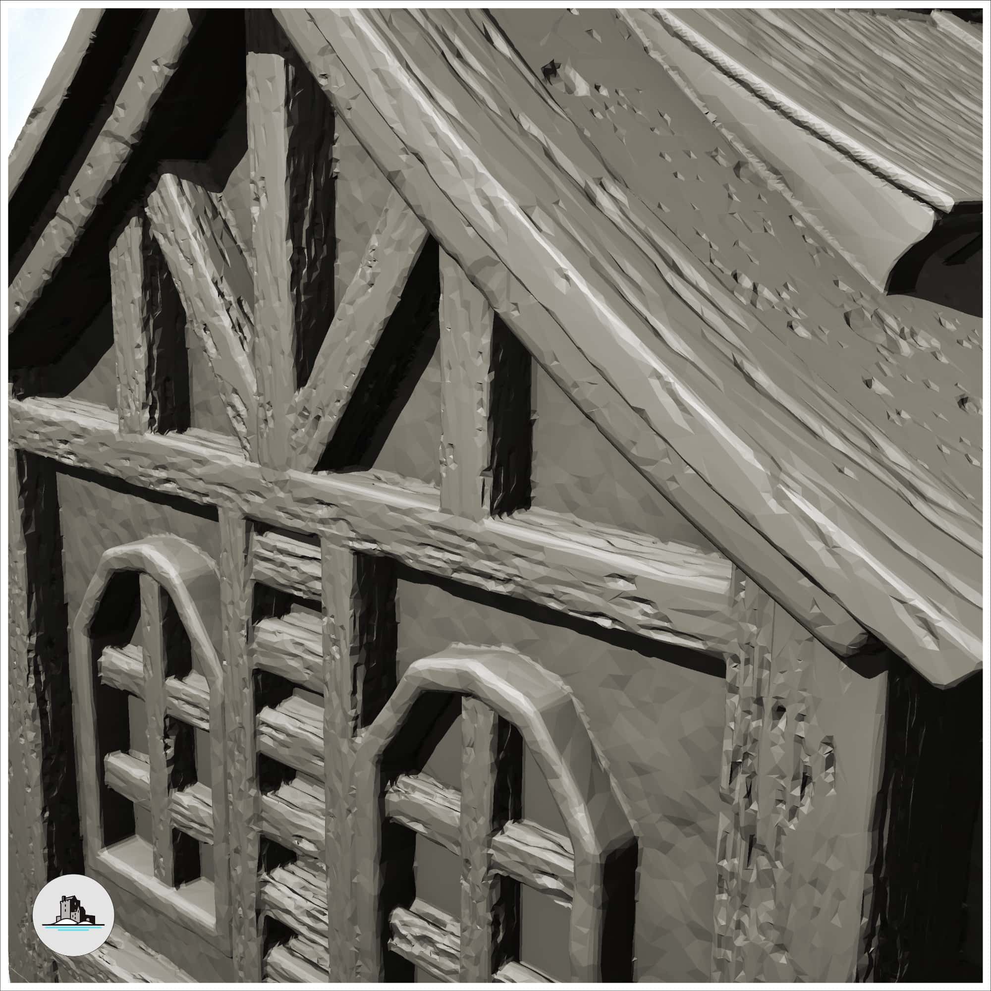 Large medieval half-timbered building with spiked roof and side canopy ...