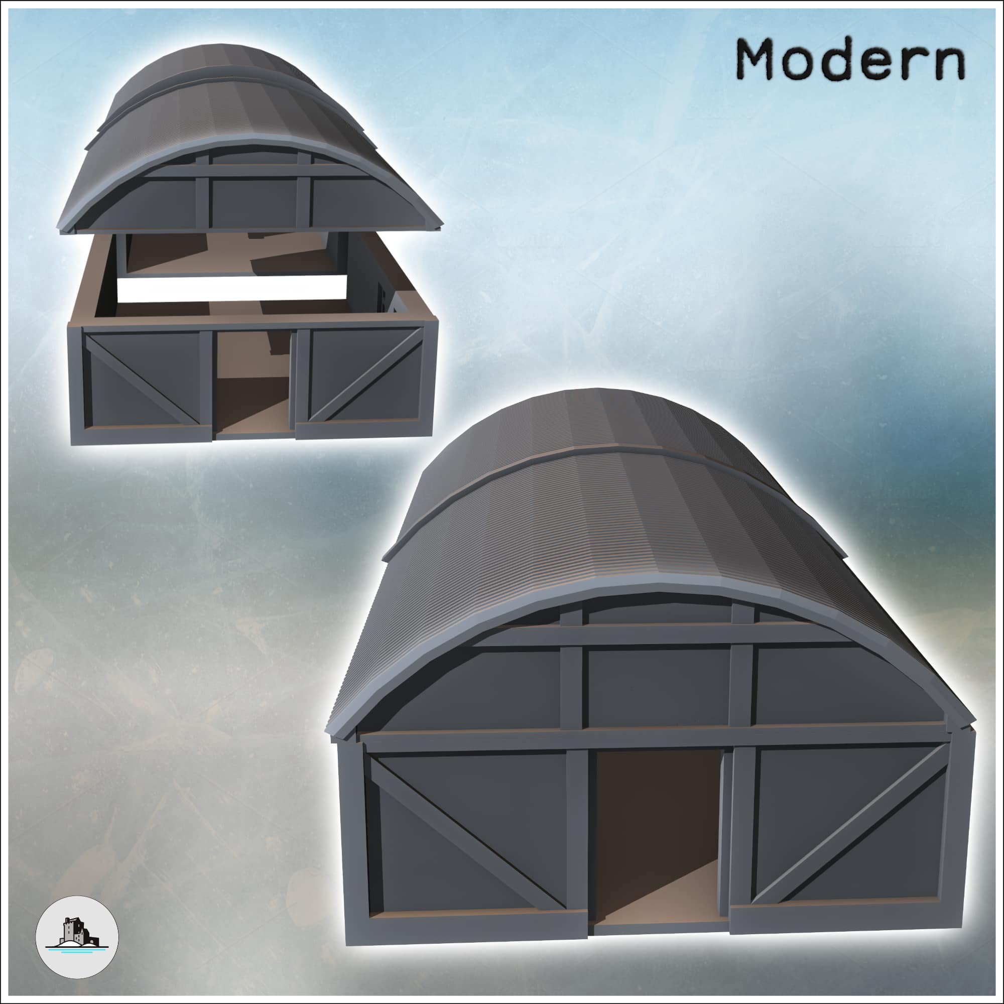 Storage hangar with curved roof and multiple windows (4) by Hartolia ...