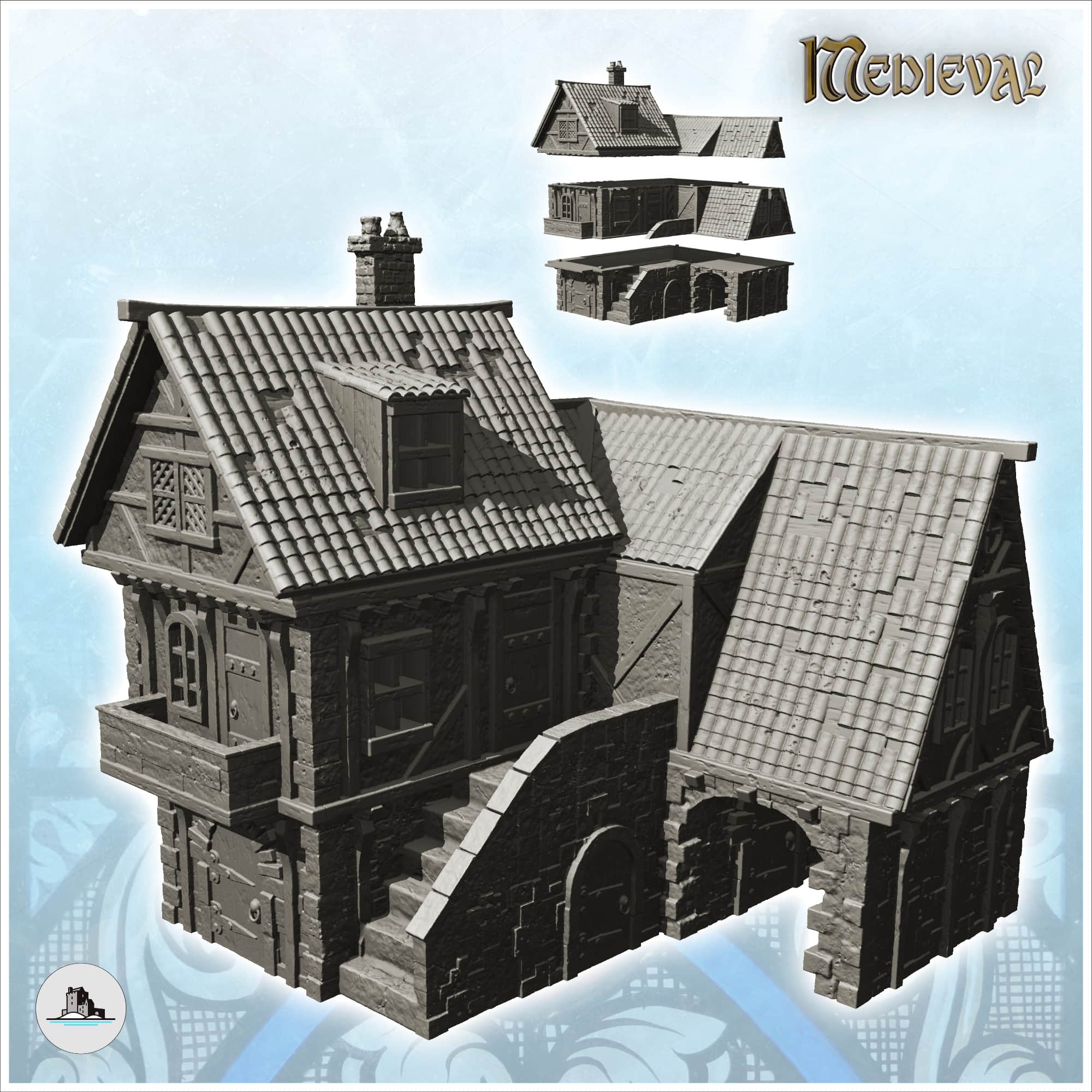 Large medieval house with stairs and archway (1) by Hartolia Miniatures ...