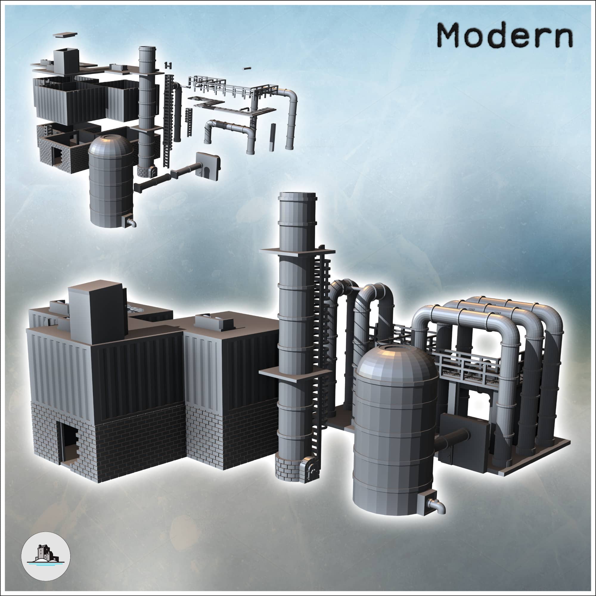 Industrial building set with storage silo and ventilation chimney (3 ...
