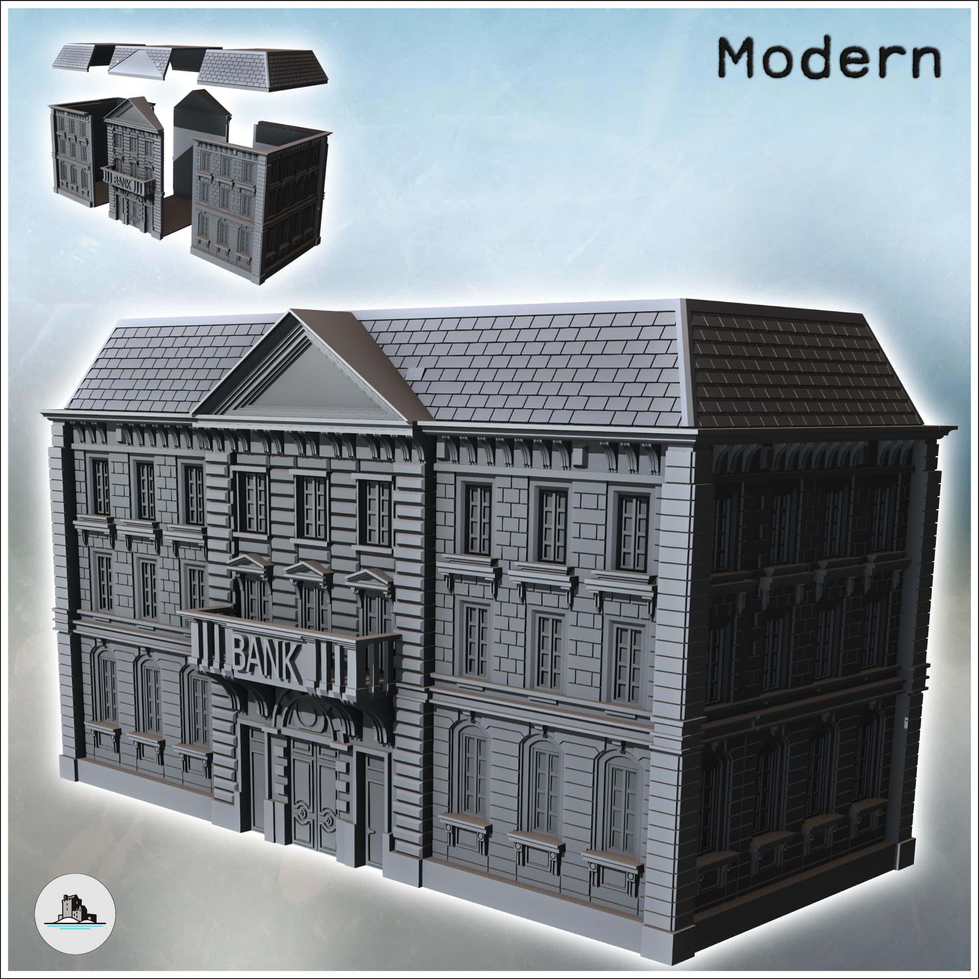 Grand neo-classical bank building with a sign central balcony and ...