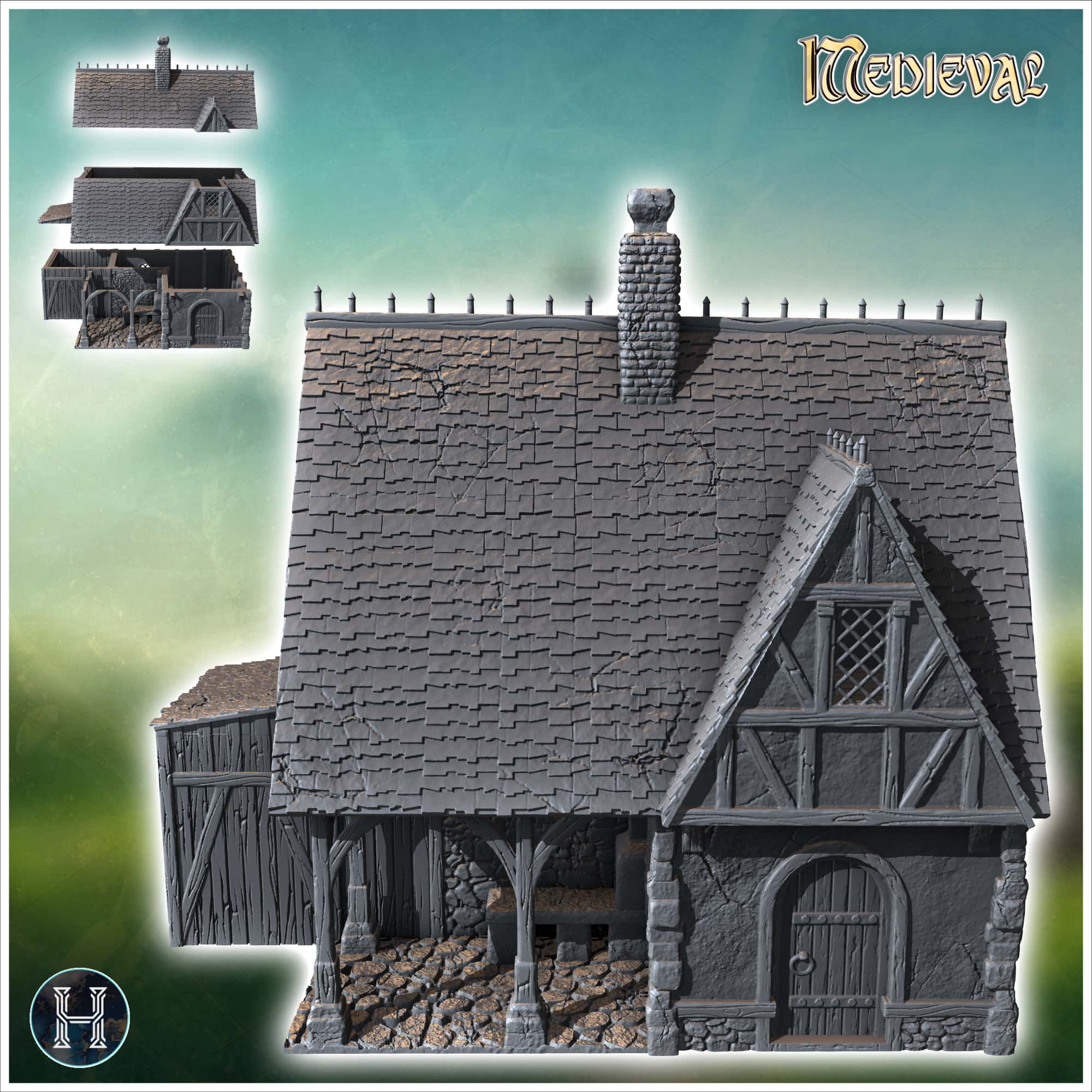 Medieval half-timbered house with large awning and wooden pillars (44) by Hartolia Miniatures ...