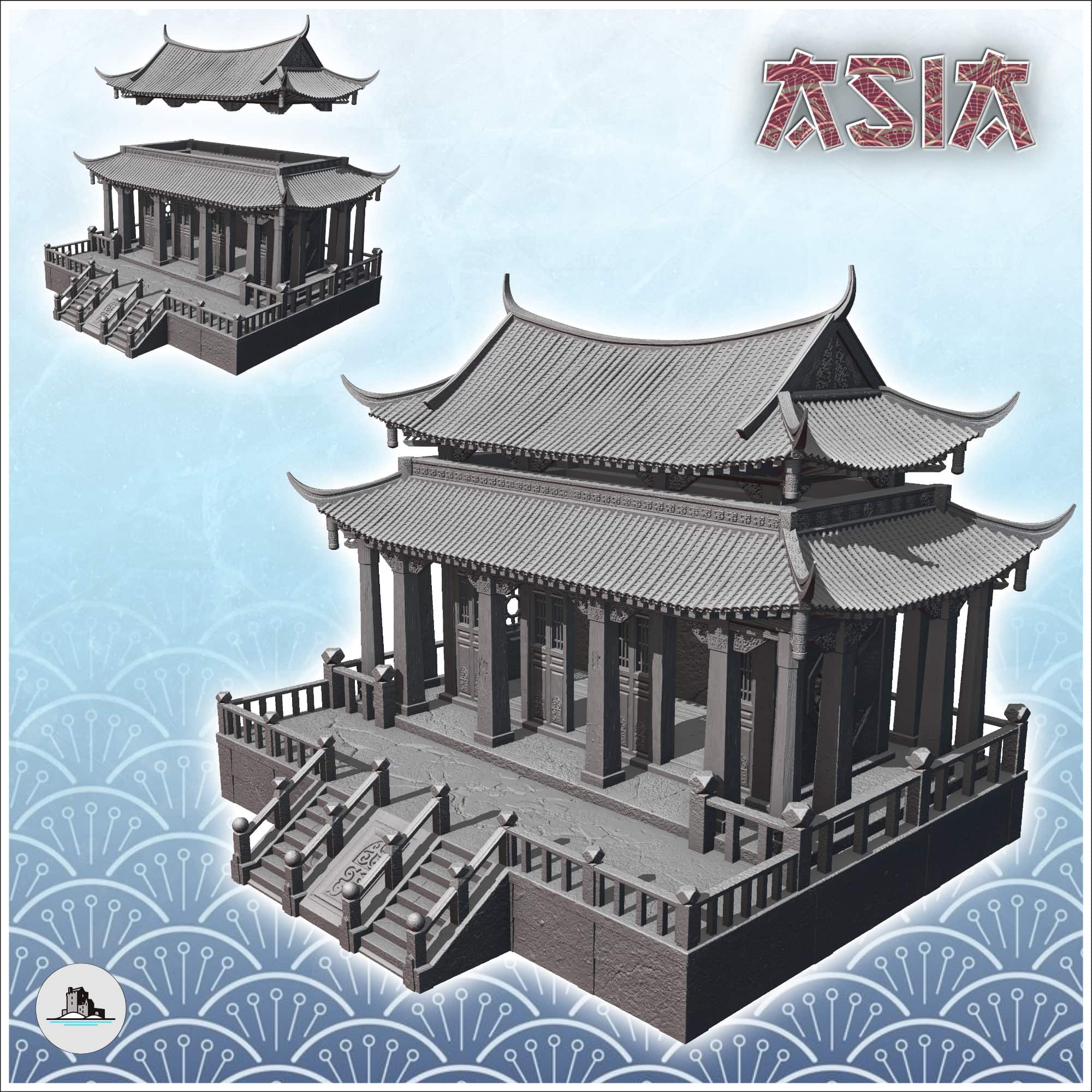 Large asian temple with platform with railings and access stairs (32 ...