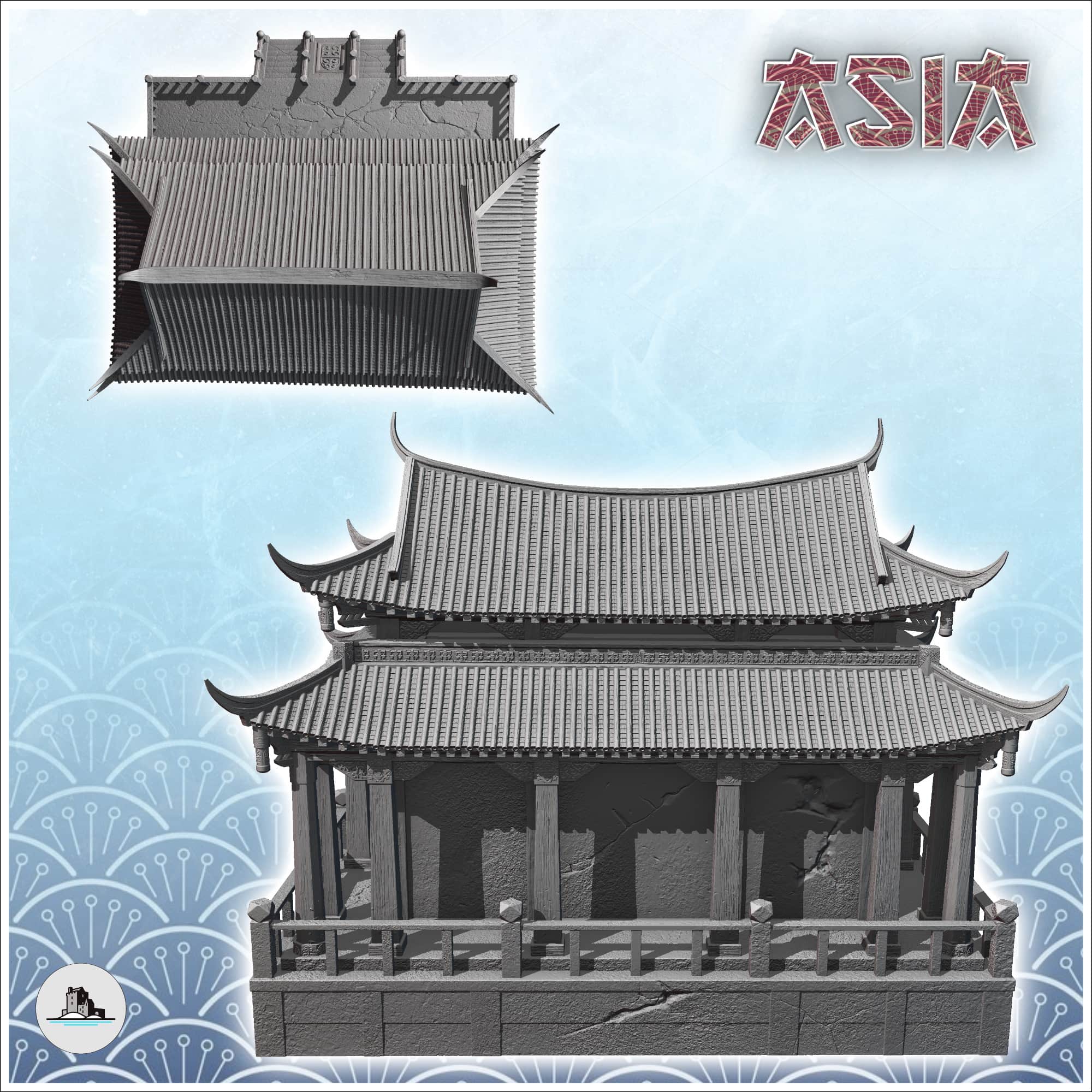 Large asian temple with platform with railings and access stairs (32 ...