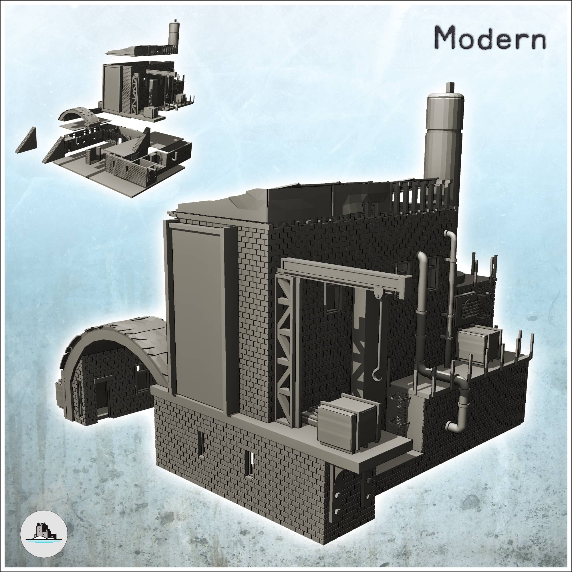 Modern brick factory with large chimney and access arch (intact version ...