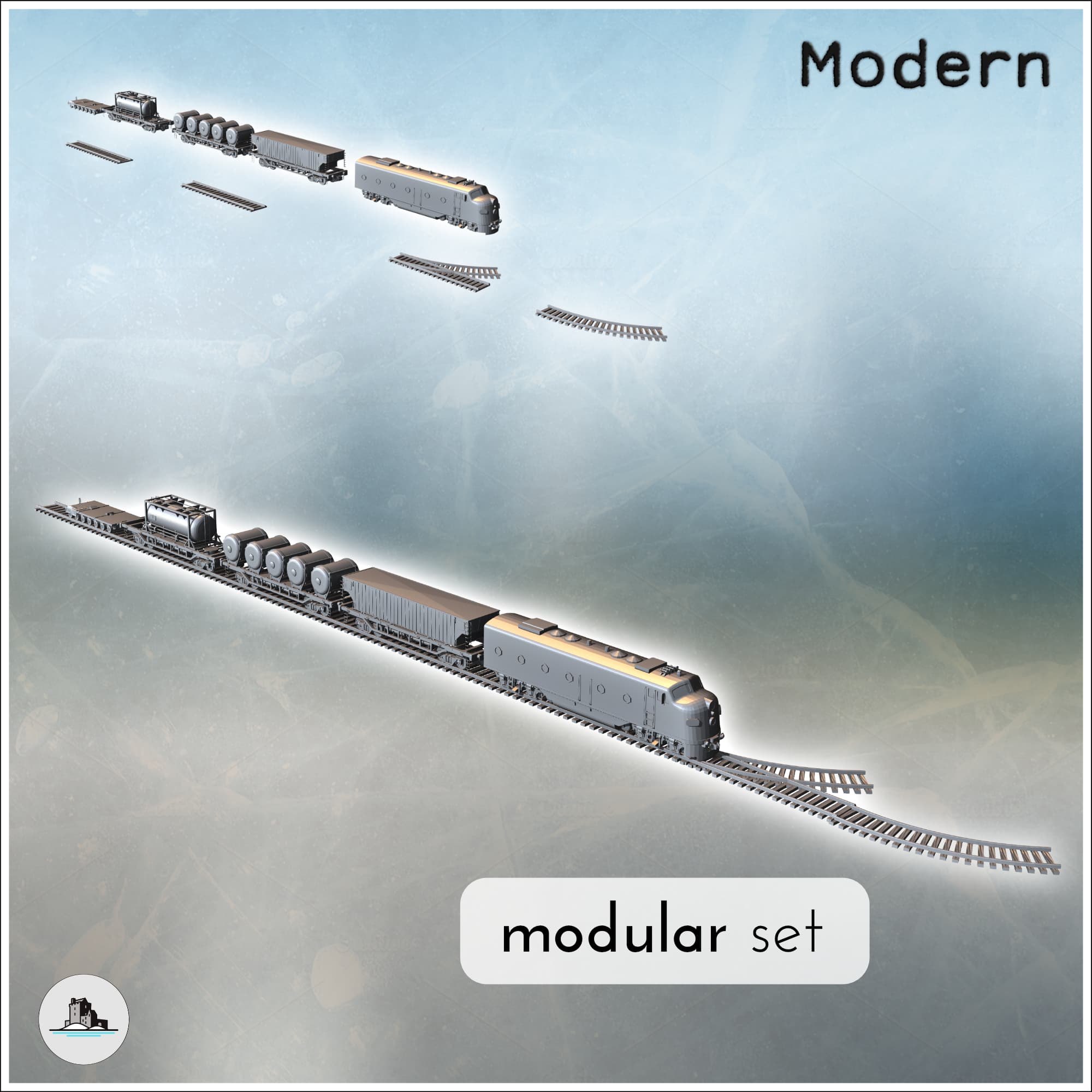 Modular railway convoy set with diesel locomotive industrial trailers ...