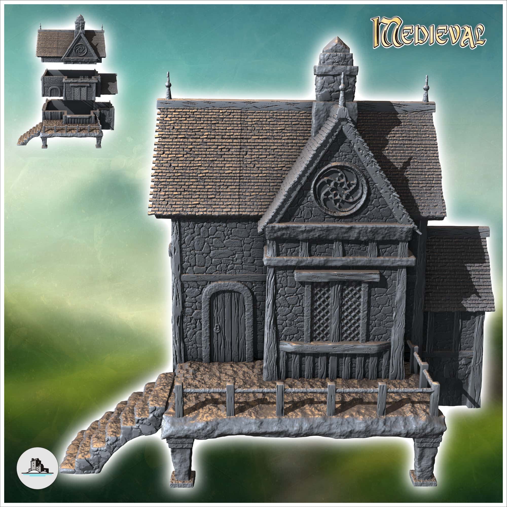 Medieval house with raised access platform to door and fireplace (33 ...