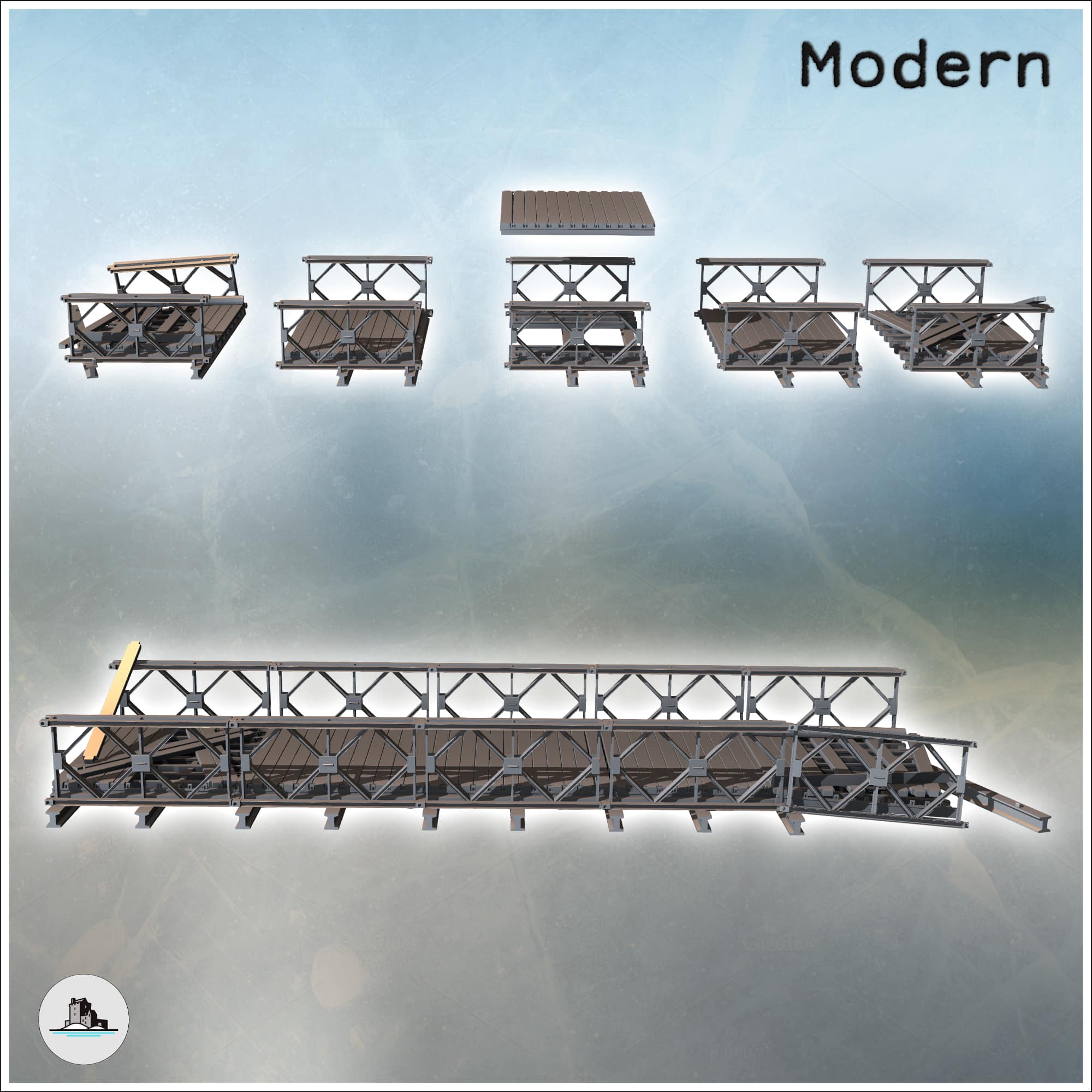 Modular modern metal bridge with wooden plank (intact and damaged ...