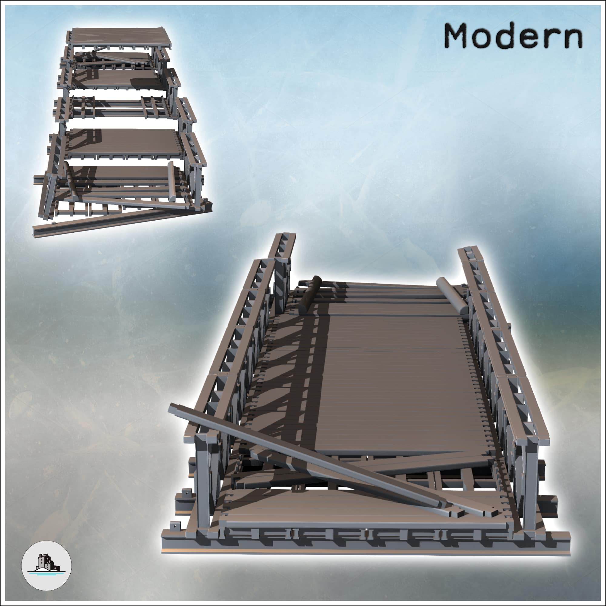 Modular modern metal bridge with wooden plank (intact and damaged ...