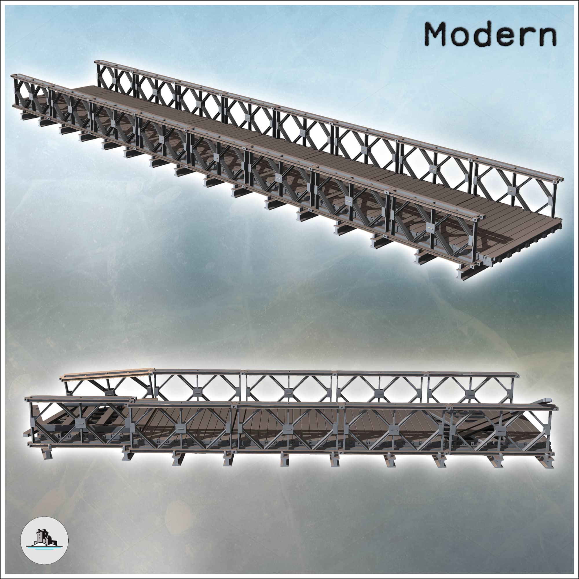 Modular modern metal bridge with wooden plank (intact and damaged ...