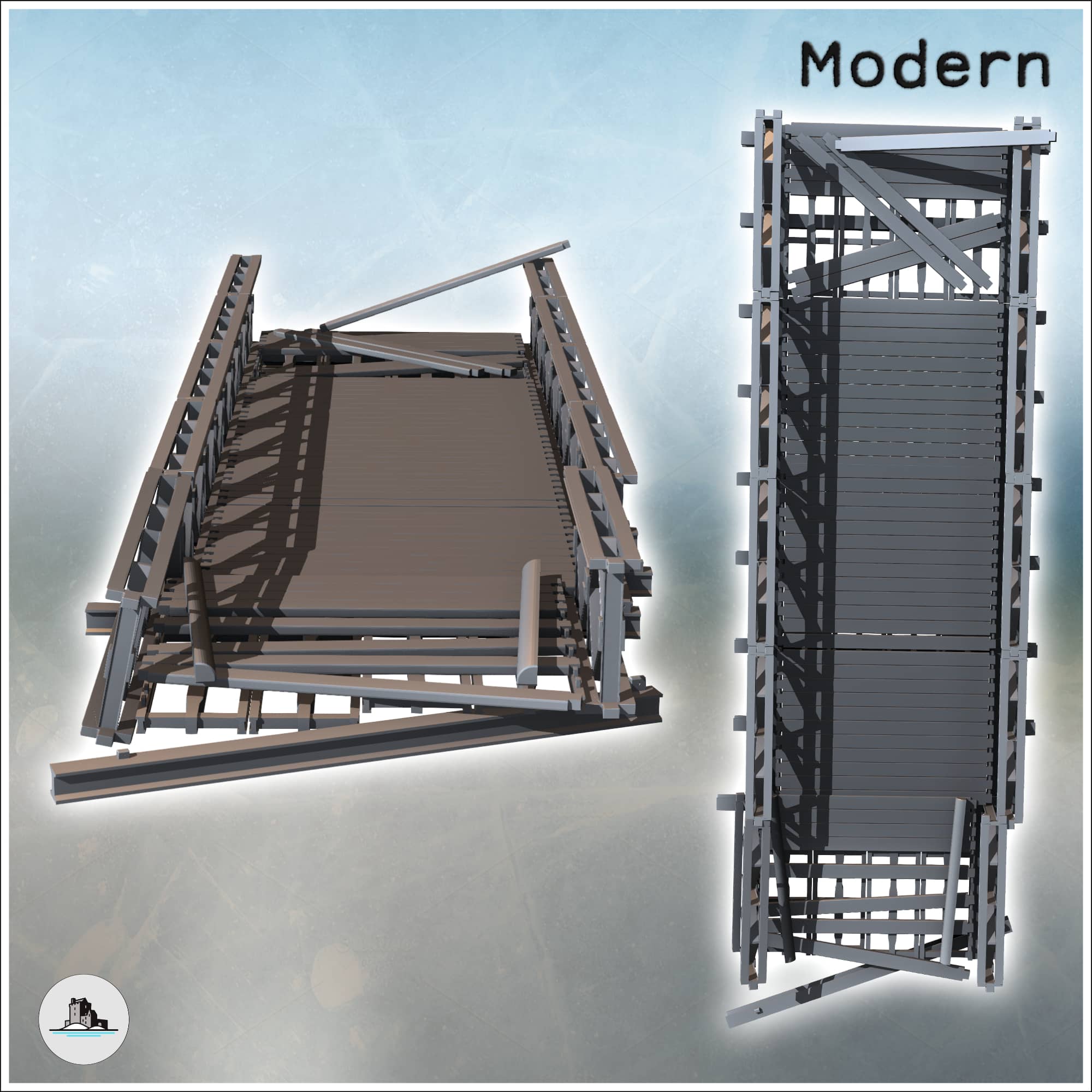 Modular modern metal bridge with wooden plank (intact and damaged ...
