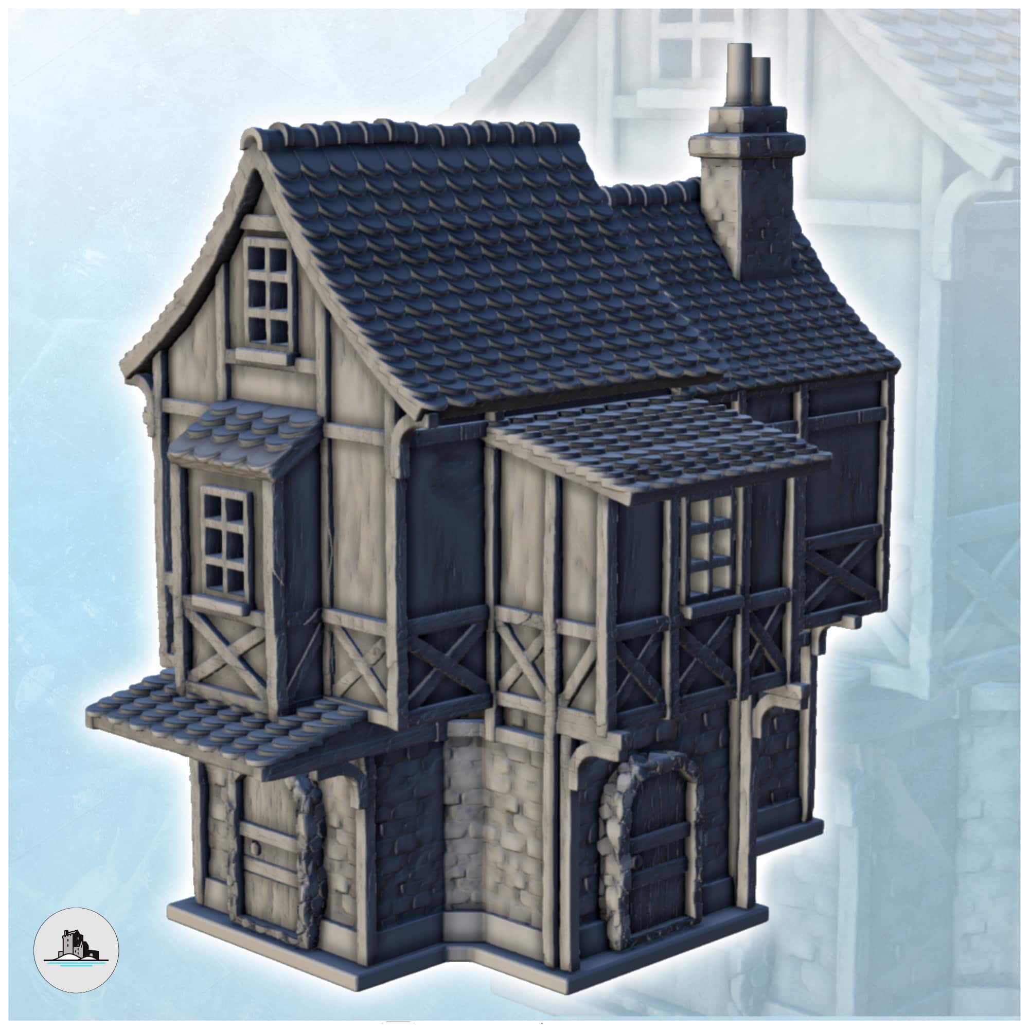 Medieval half-timbered house with canopy and stone base (2) by Hartolia Miniatures - Wargaming3D
