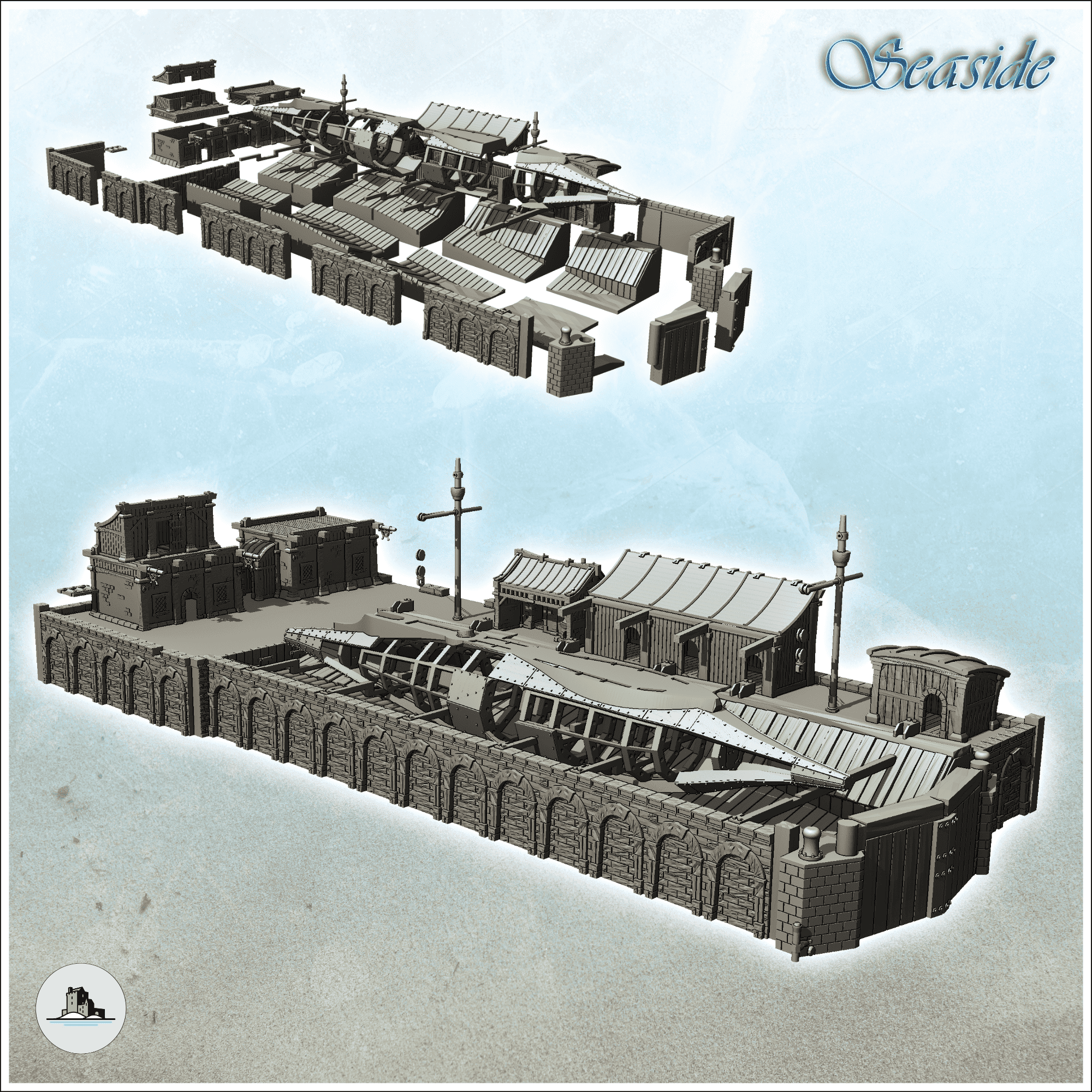 Medieval shipyard with ship hull and ancillary buildings on platform ...