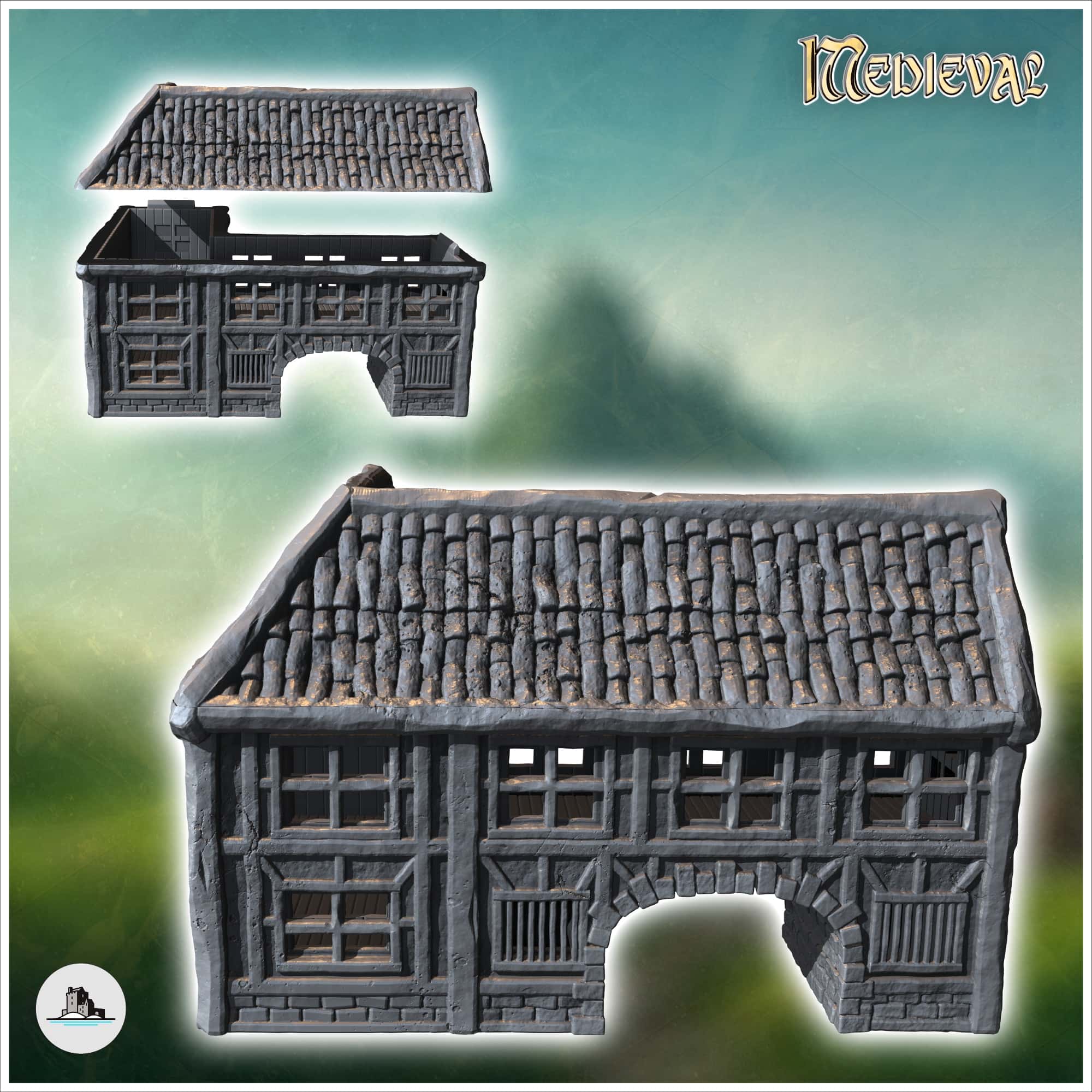 Medieval half-timbered building on stone platform with large archway ...