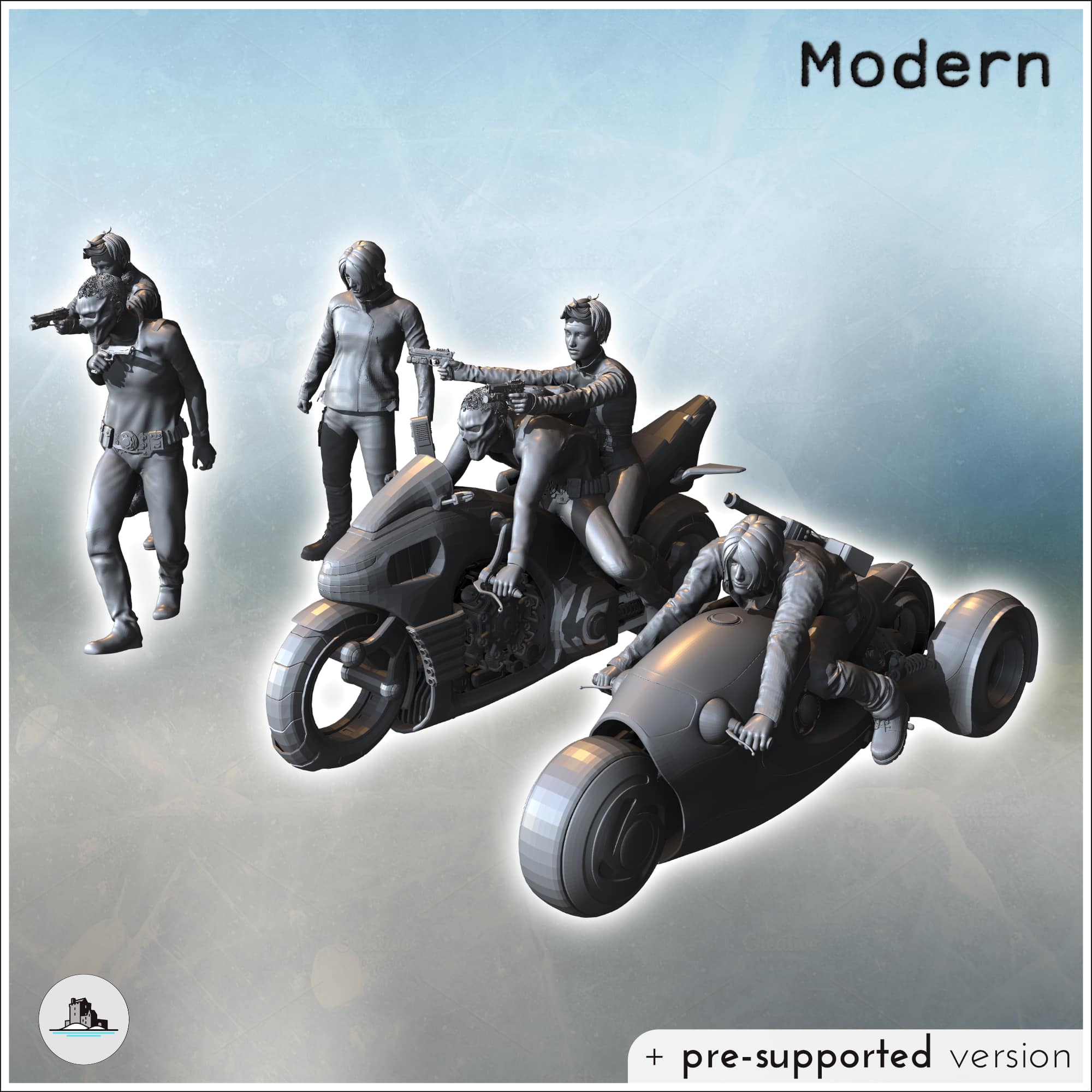 Set of six post-apocalyptic gang members with two futuristic ...