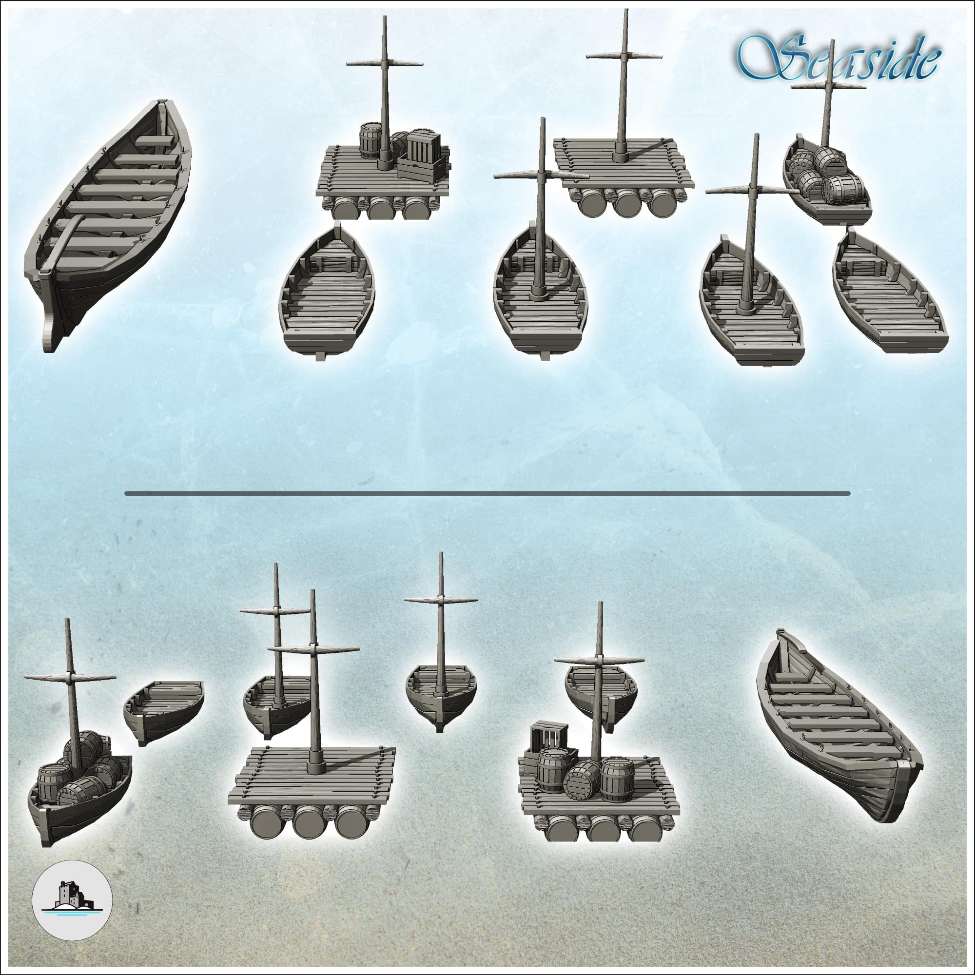 Set of medieval wooden boats with rowing boats and rafts (4) by ...