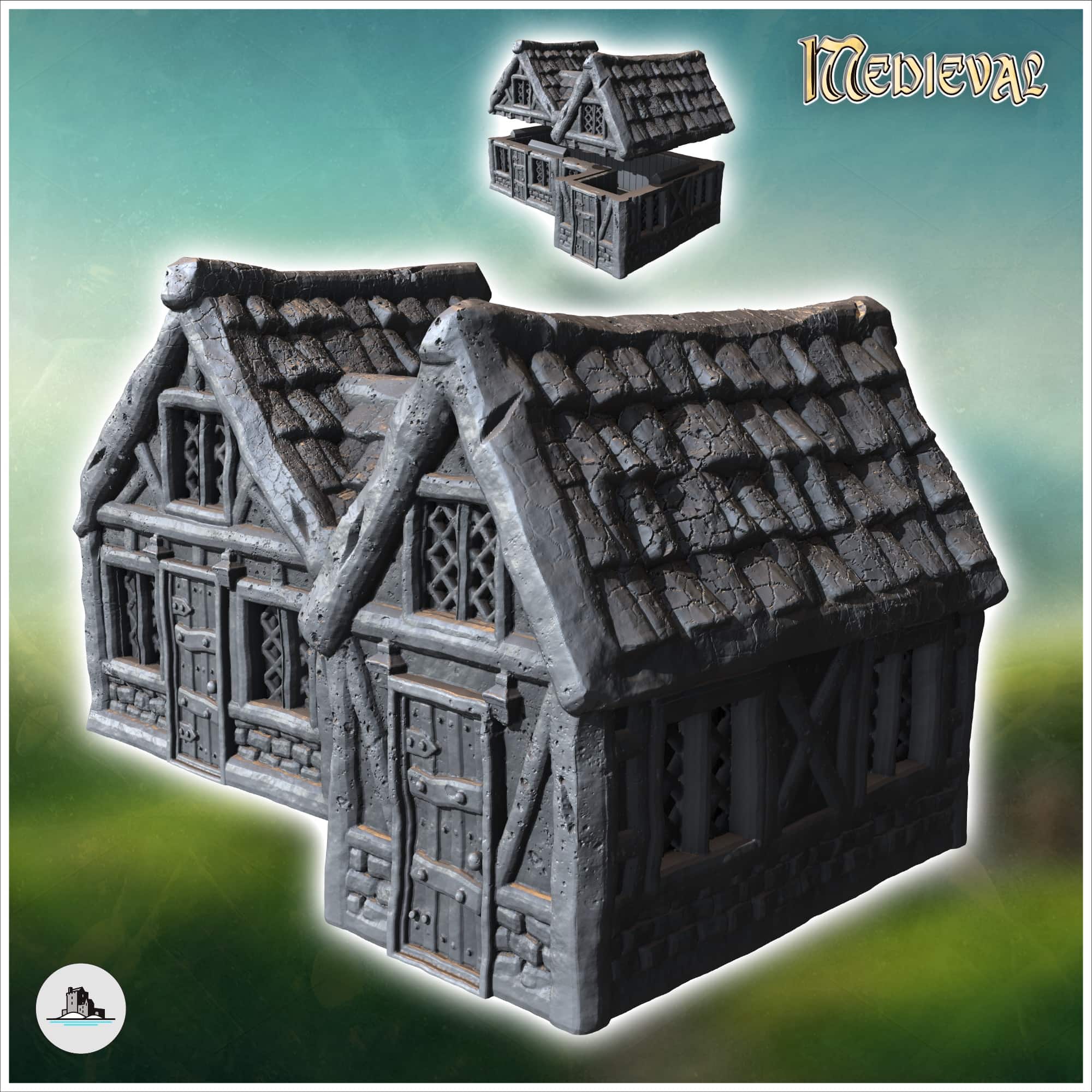 Medieval building with multiple wooden doors half-timbered walls and ...