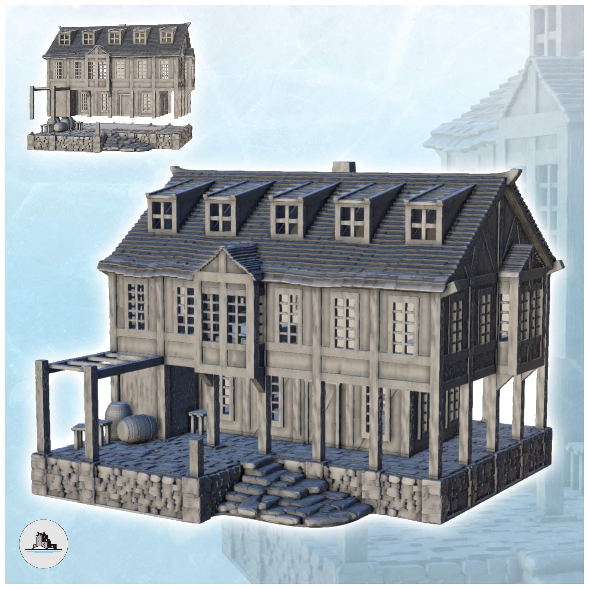 Large medieval two-story building with stone platform and pillars (10 ...