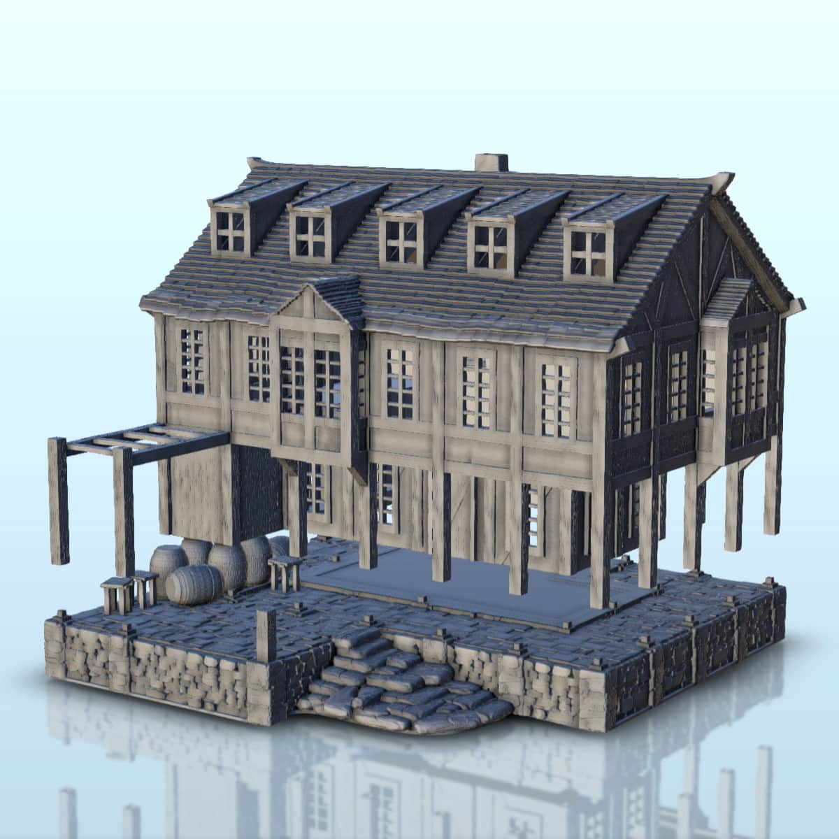 Large medieval two-story building with stone platform and pillars (10 ...