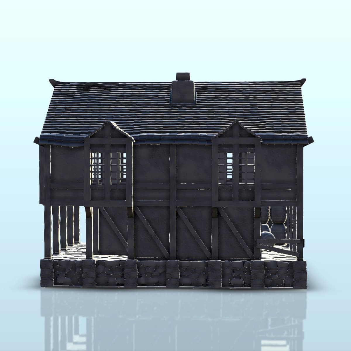 Large medieval two-story building with stone platform and pillars (10 ...