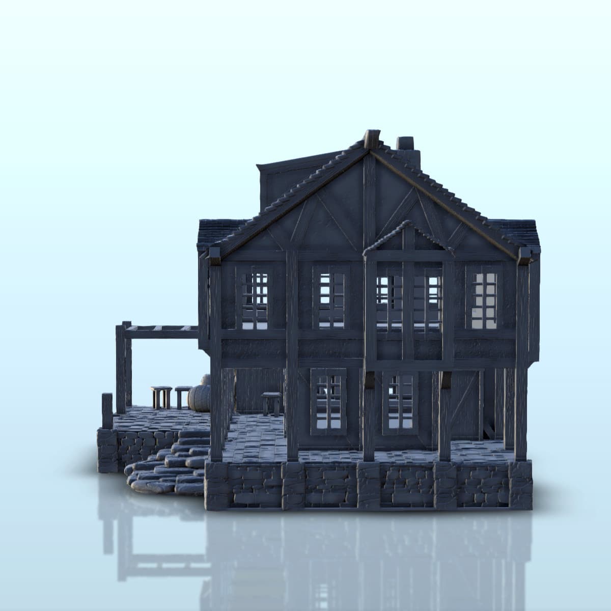 Large medieval two-story building with stone platform and pillars (10 ...