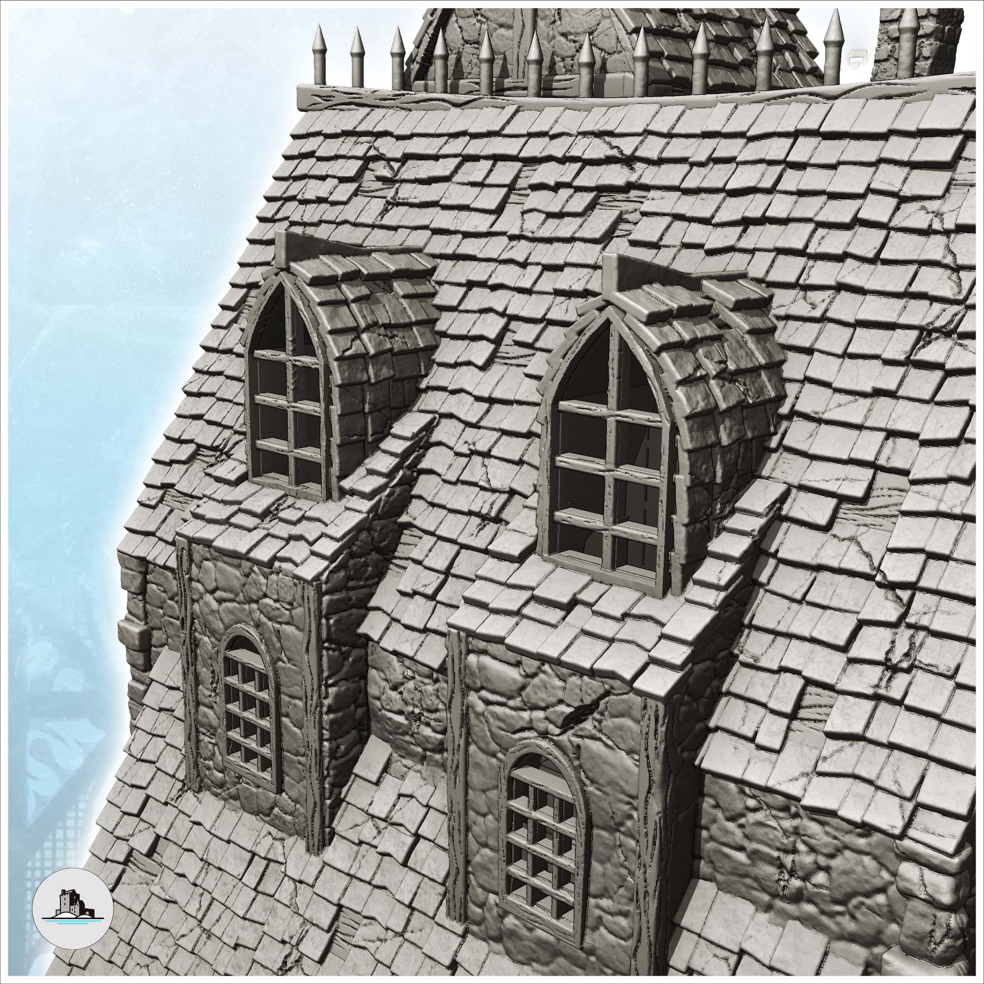Medieval manor with English-style window roof spikes and stone tower ...