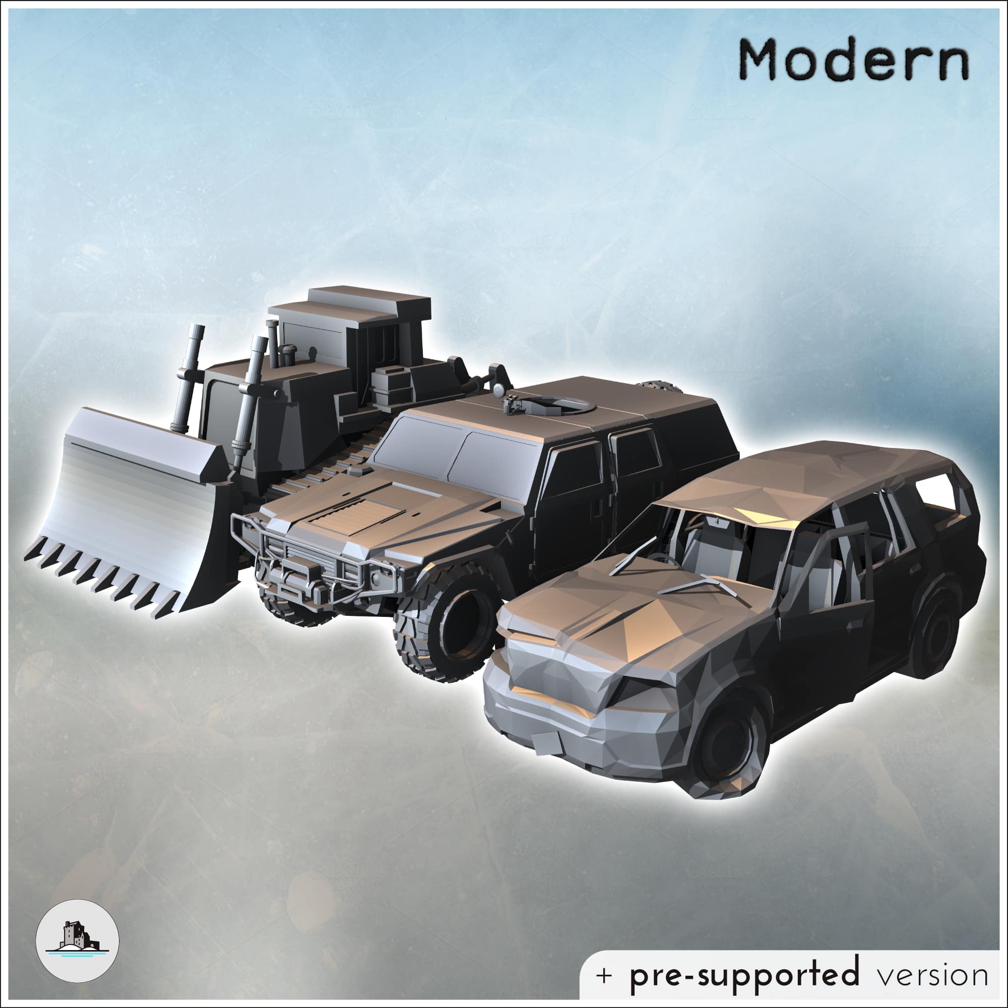 Set of three post-apocalyptic vehicles with vehicle carcasses bulldozer ...