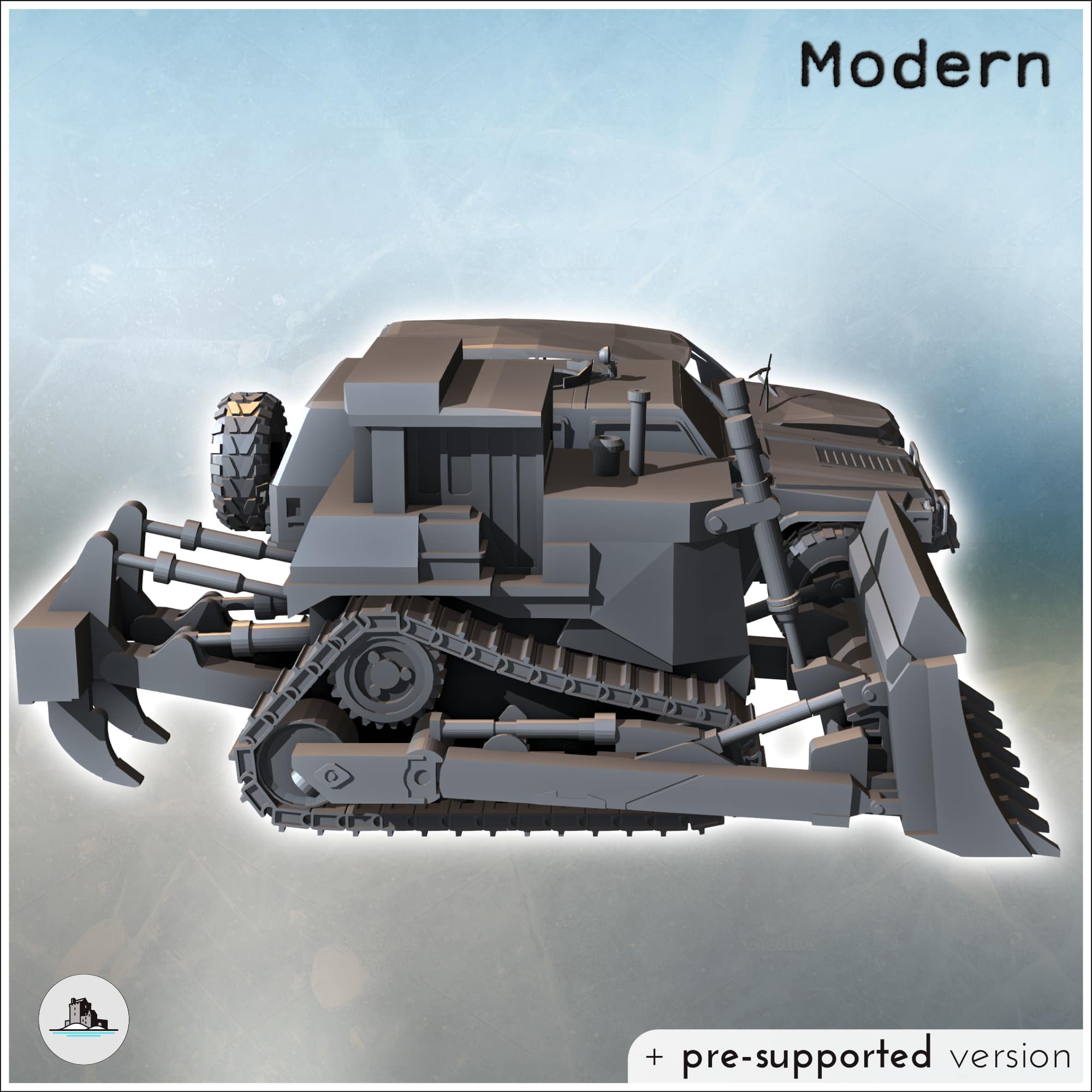Set of three post-apocalyptic vehicles with vehicle carcasses bulldozer ...