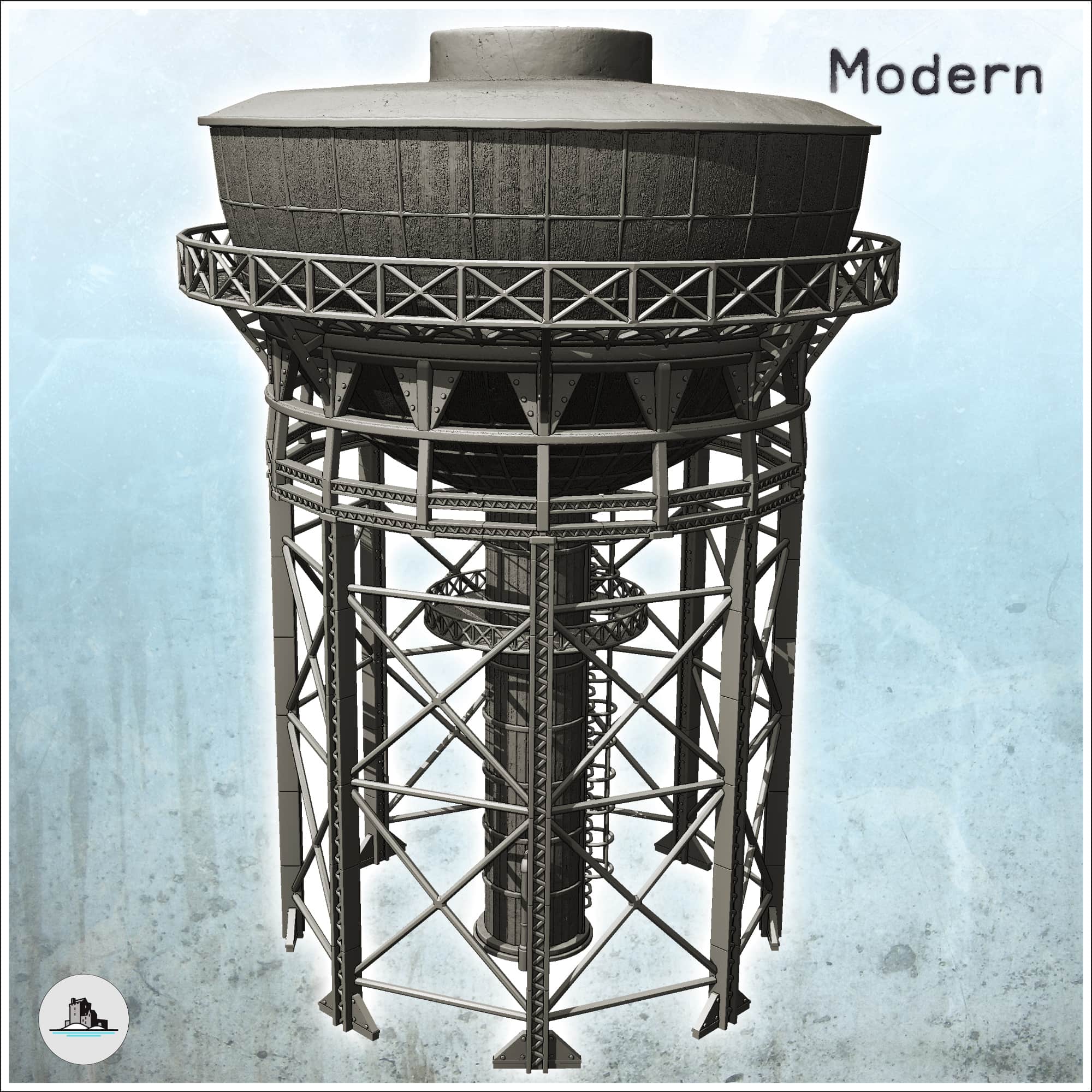 Industrial tower with tank at the top and metal structure (21) by ...