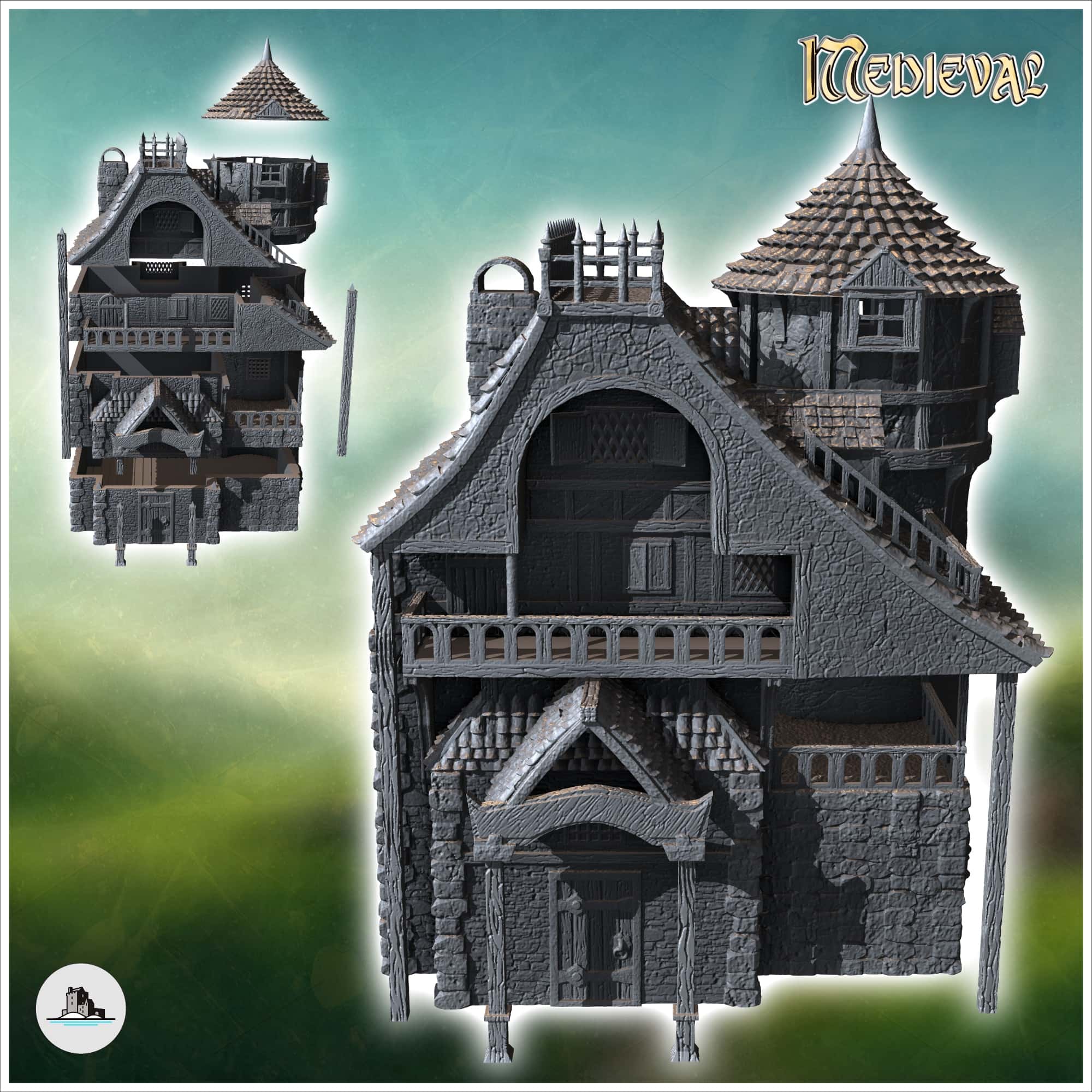 Large medieval house with conical-roofed tower and balustraded terrace ...