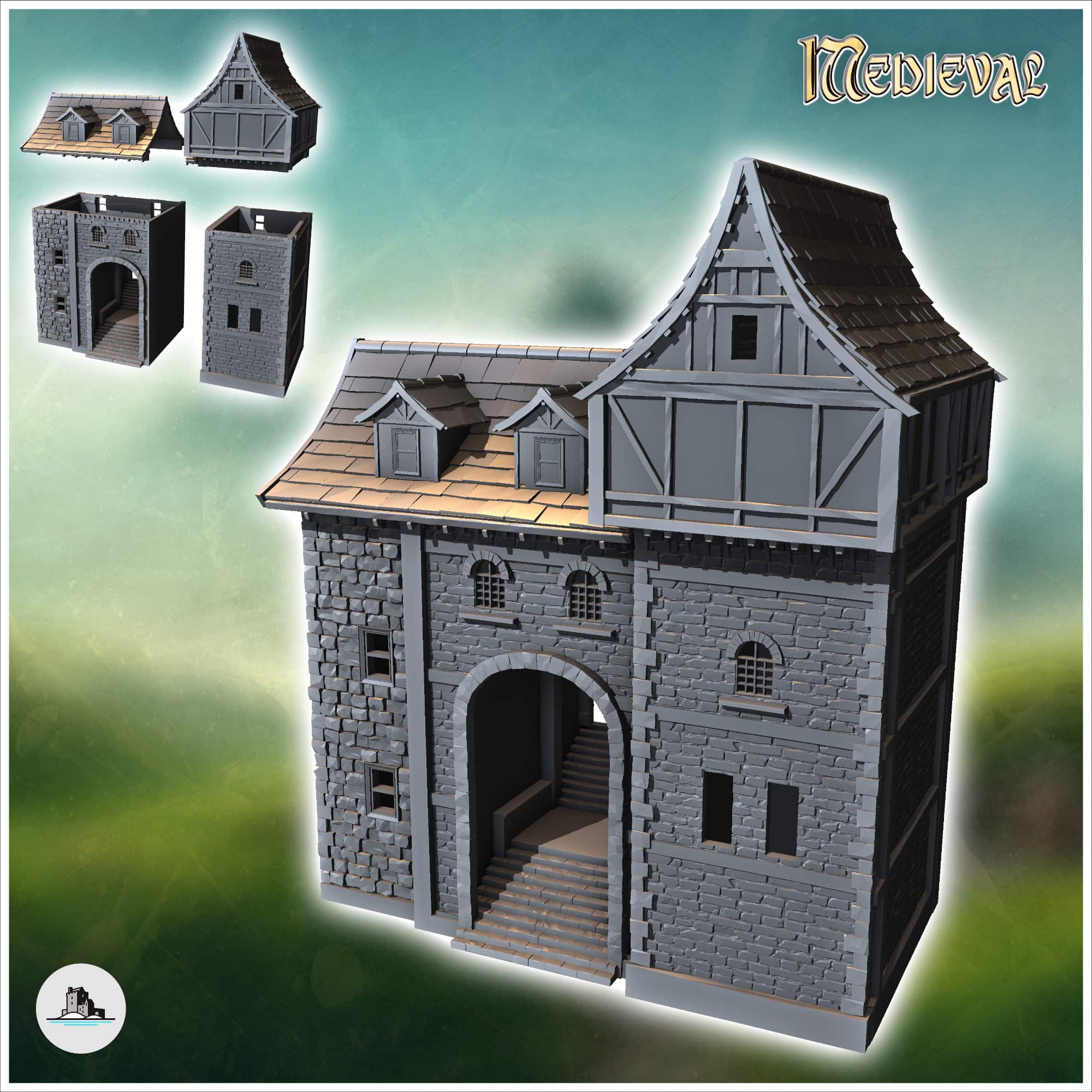 Medieval stone building with concave roof and central staircase arch ...