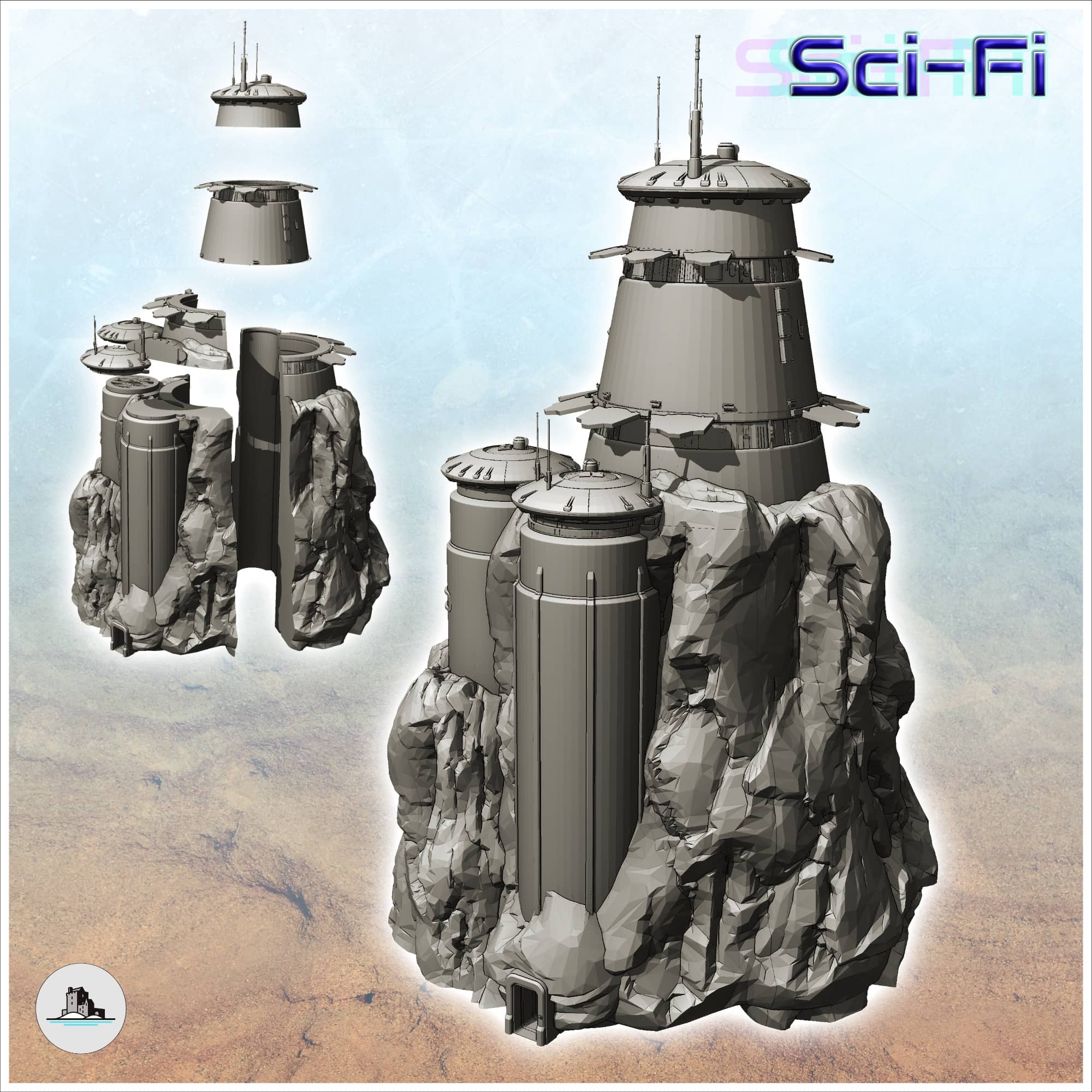Large futuristic building built on rock with multiple round towers (7 ...