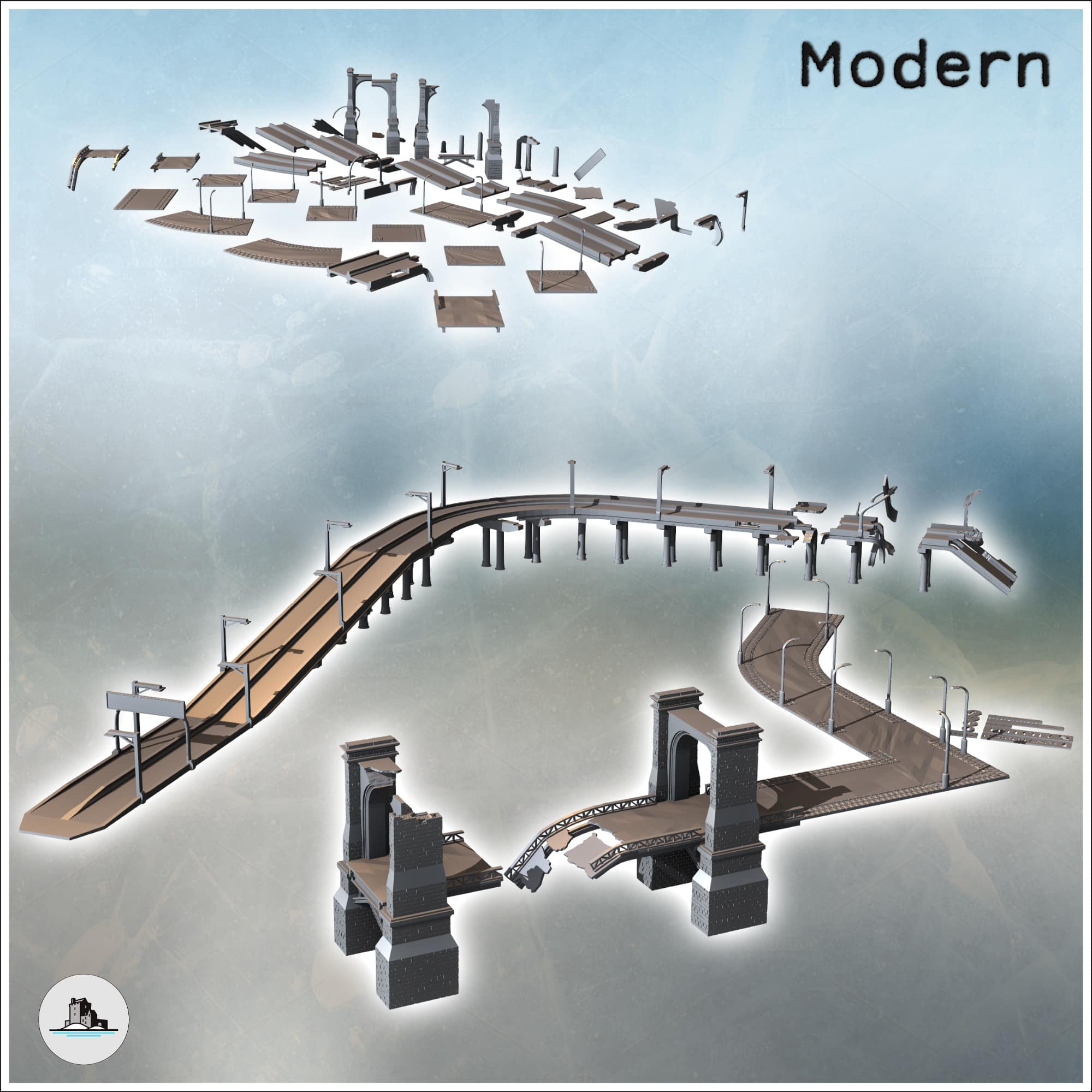 Urban Modern Highway Set with Street Light and Destroyed Stone Bridge ...