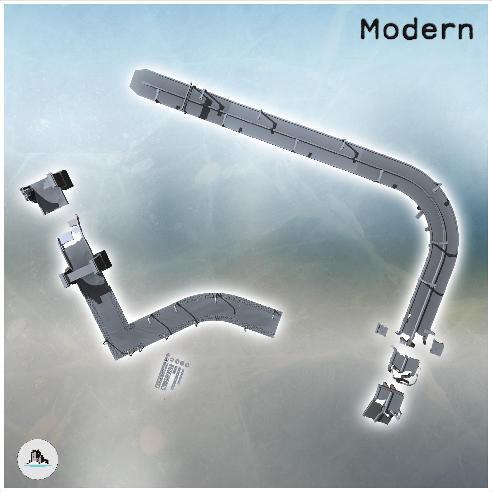 Urban Modern Highway Set with Street Light and Destroyed Stone Bridge ...