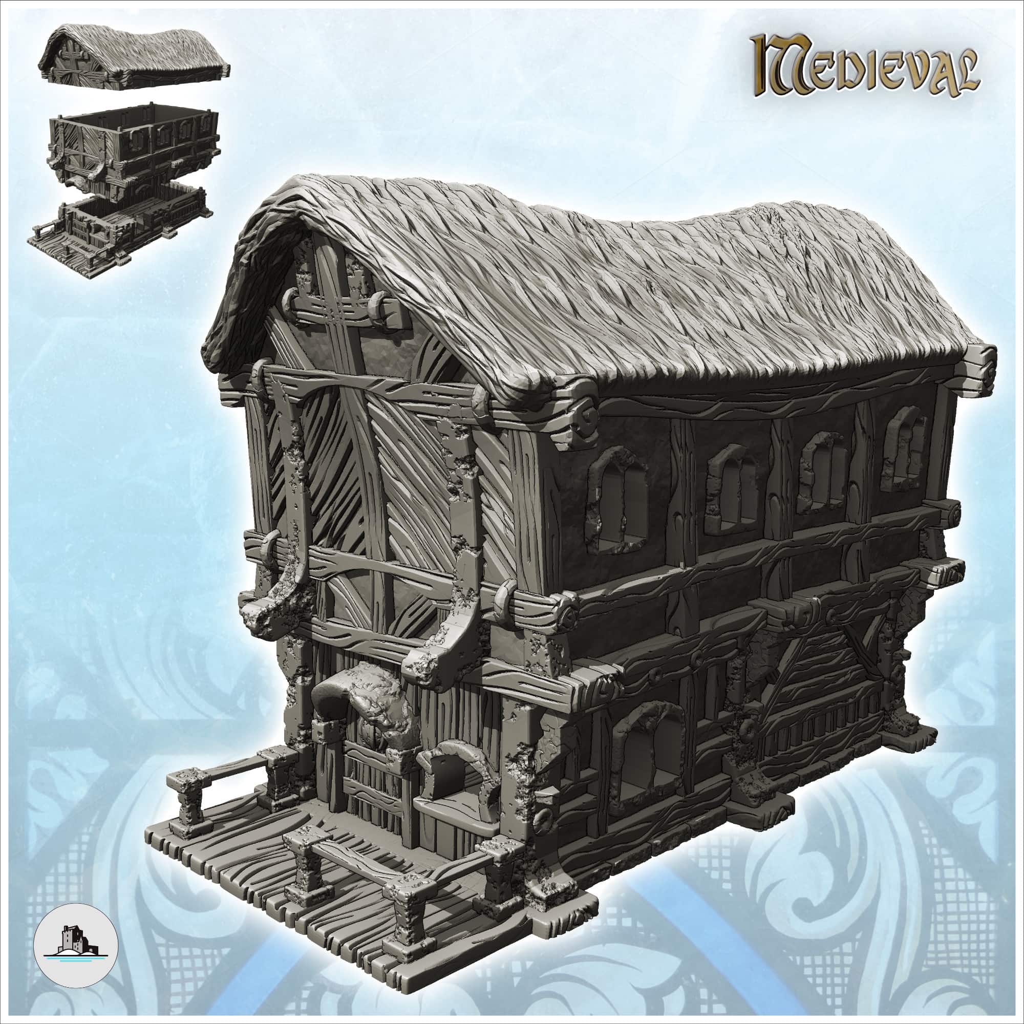 Medieval building with rounded thatched roof and terrace at the ...