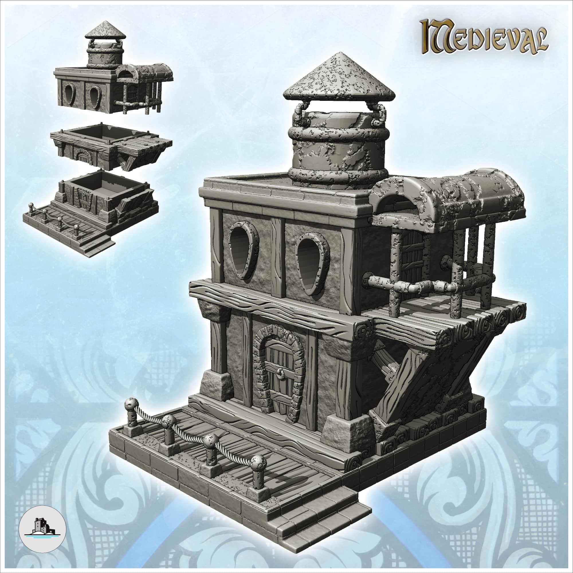 Medieval house with wooden platform and overhanging columned terrace ...