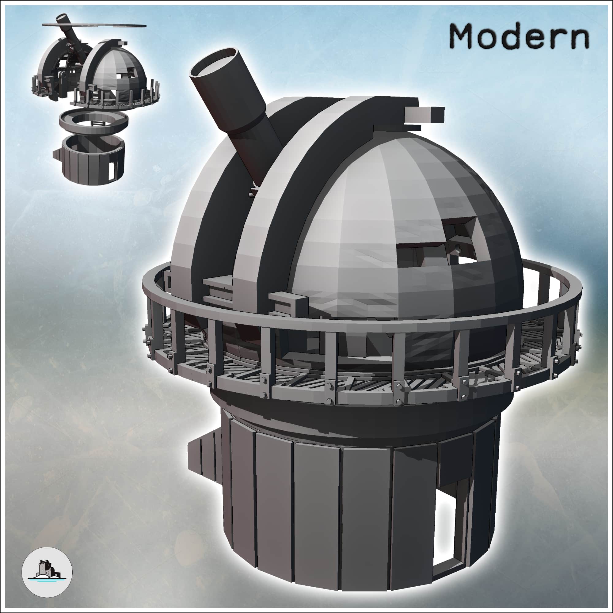 Damaged modern observatory with large telescope and circular balcony ...