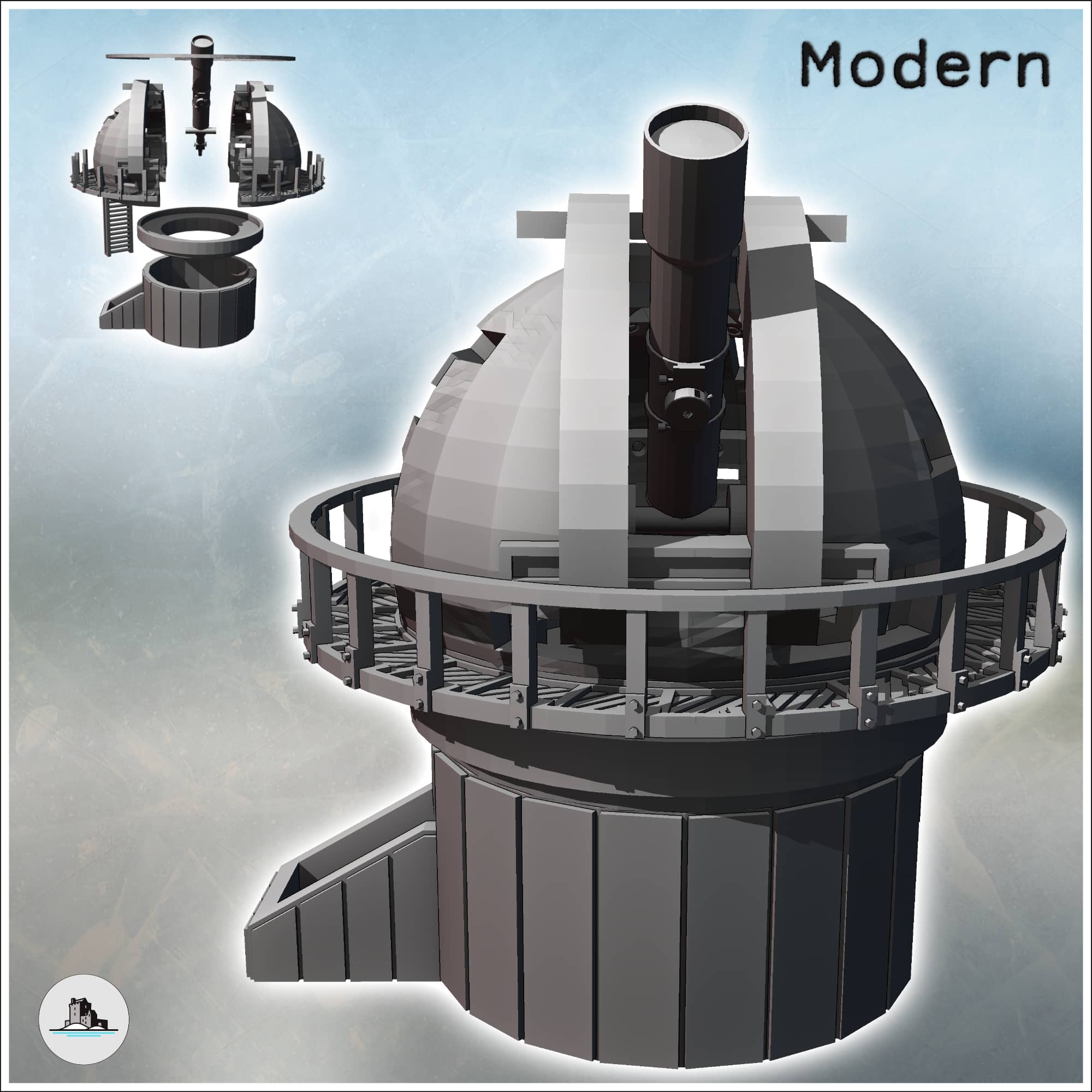 Damaged modern observatory with large telescope and circular balcony ...