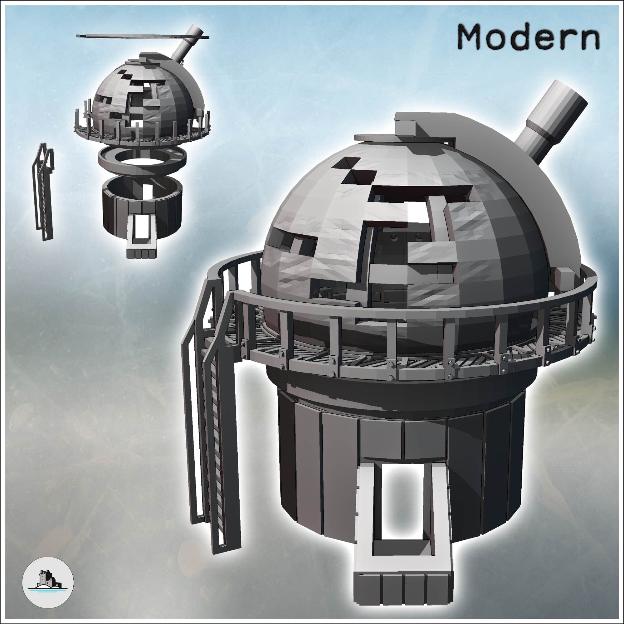 Damaged modern observatory with large telescope and circular balcony ...