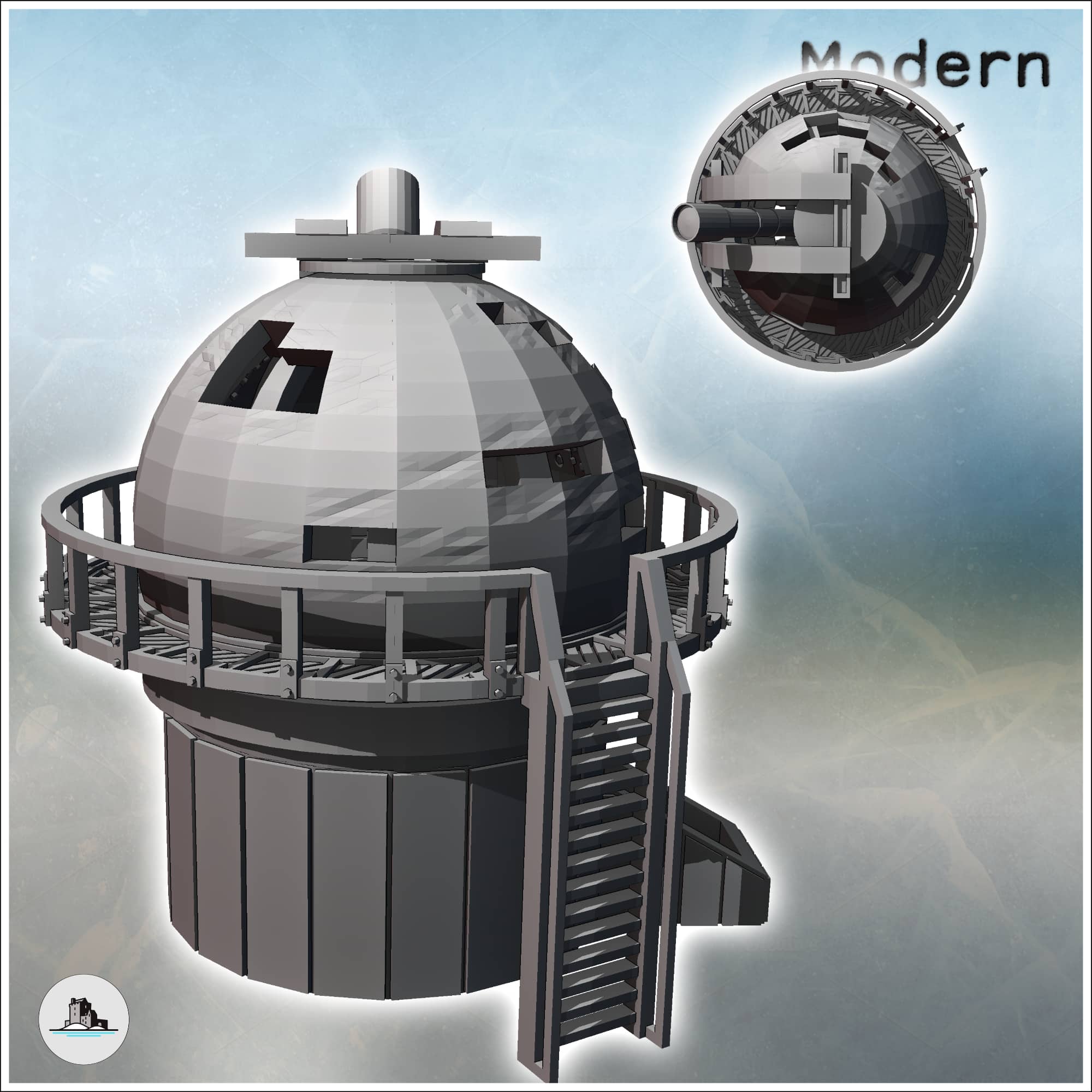 Damaged modern observatory with large telescope and circular balcony ...