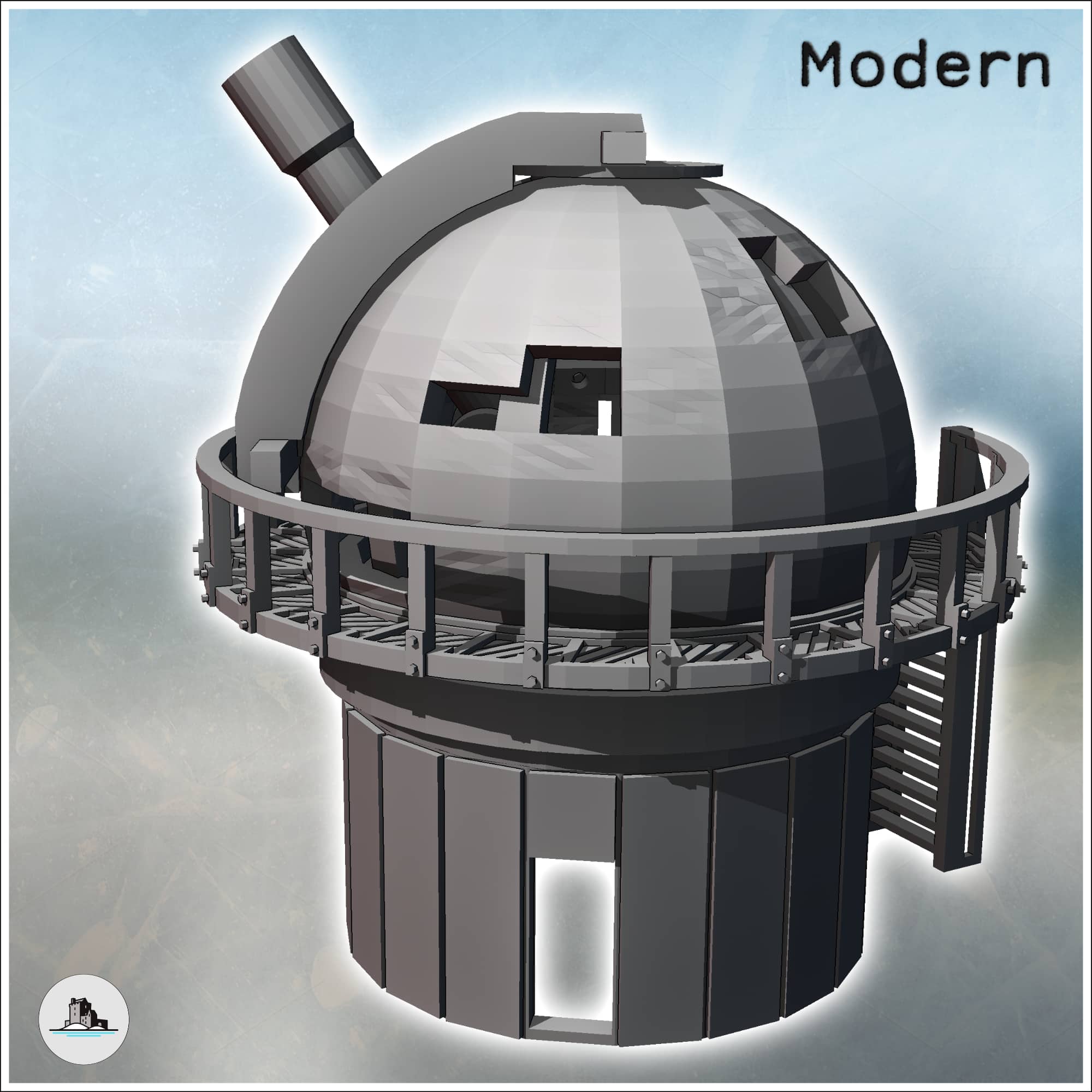 Damaged modern observatory with large telescope and circular balcony ...