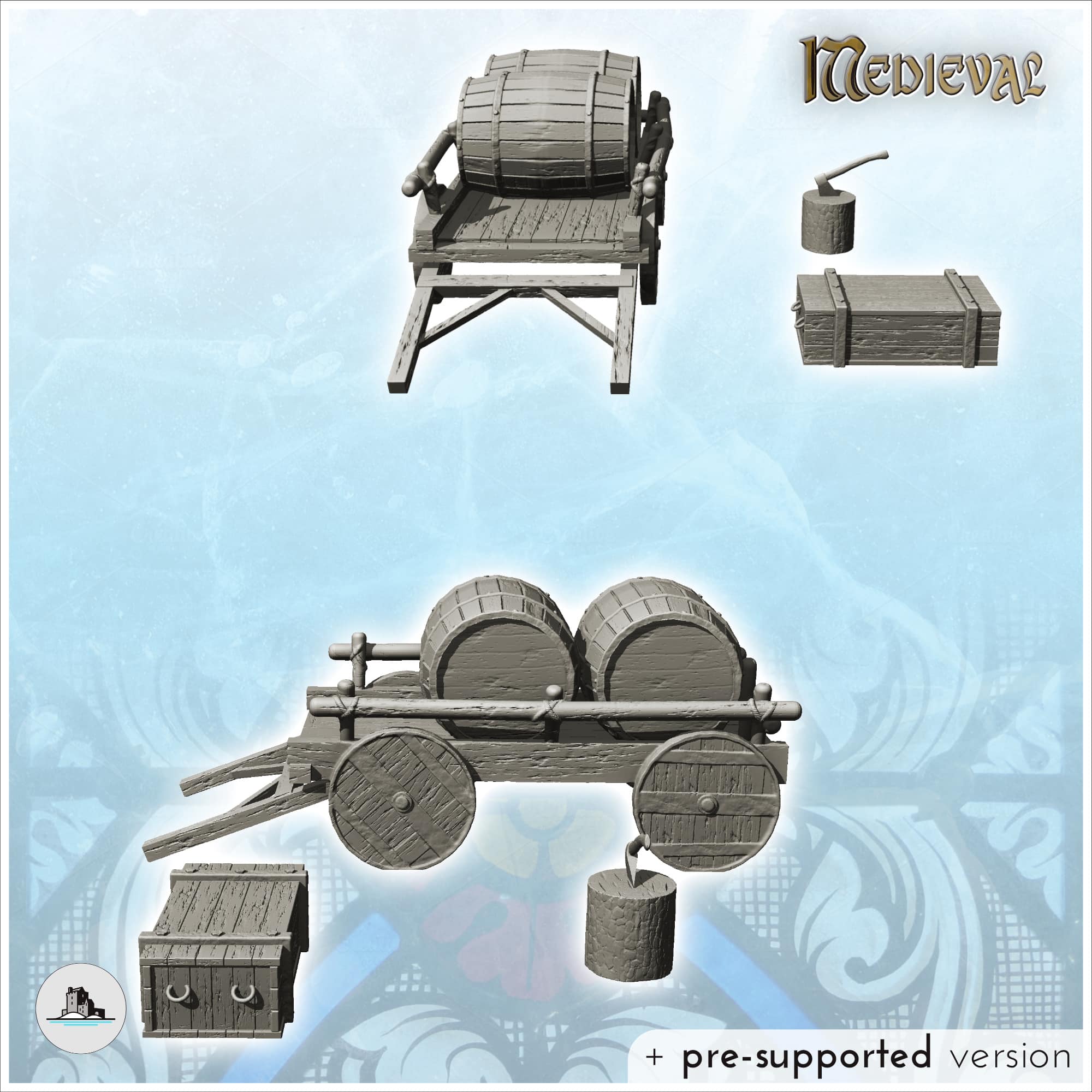 Medieval equipment set with cart crate and axe (1) by Hartolia ...