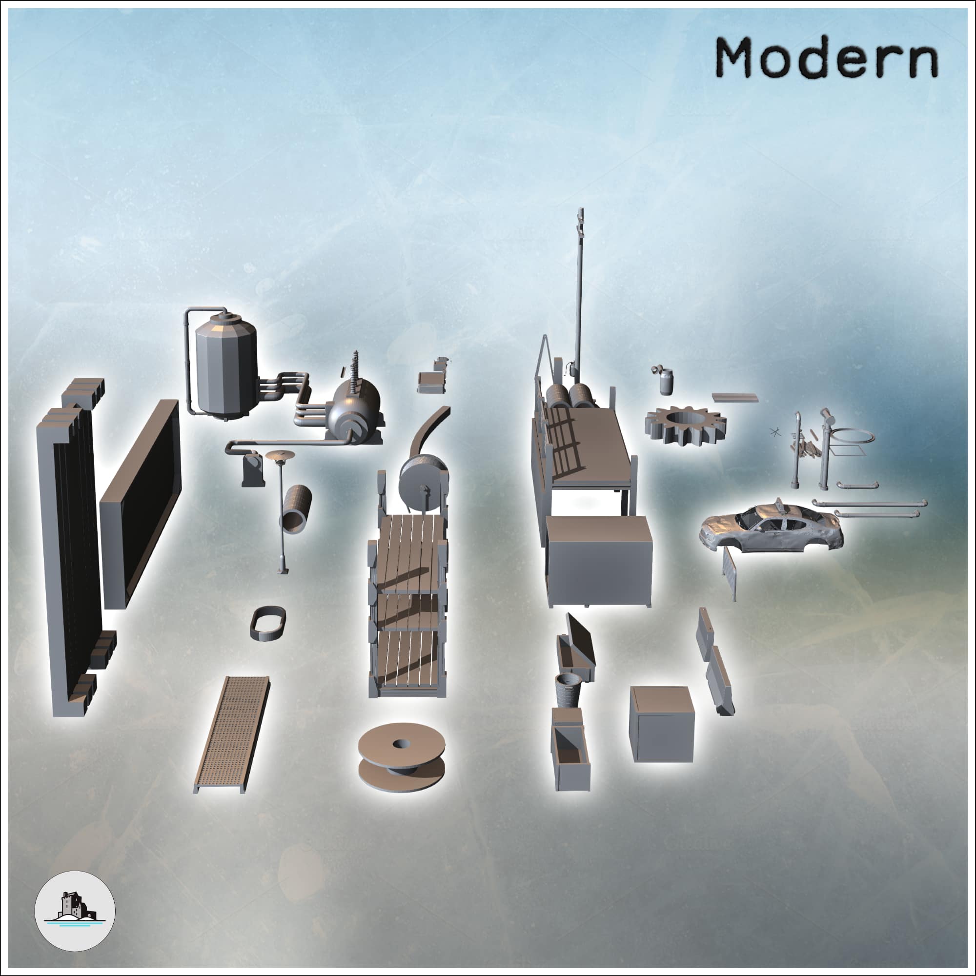 Set of modern outdoor accessories with car carcass advertising signs ...