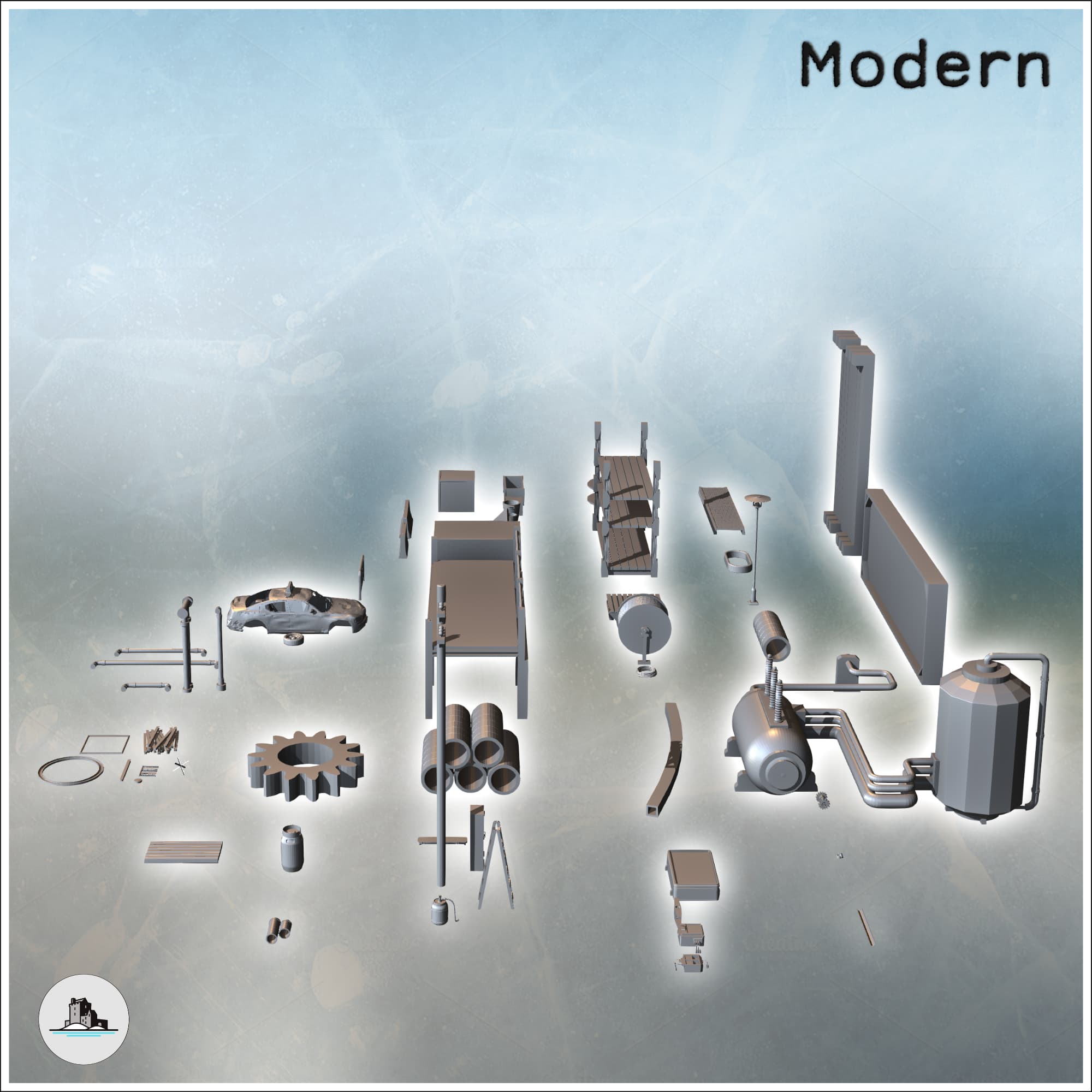 Set of modern outdoor accessories with car carcass advertising signs ...