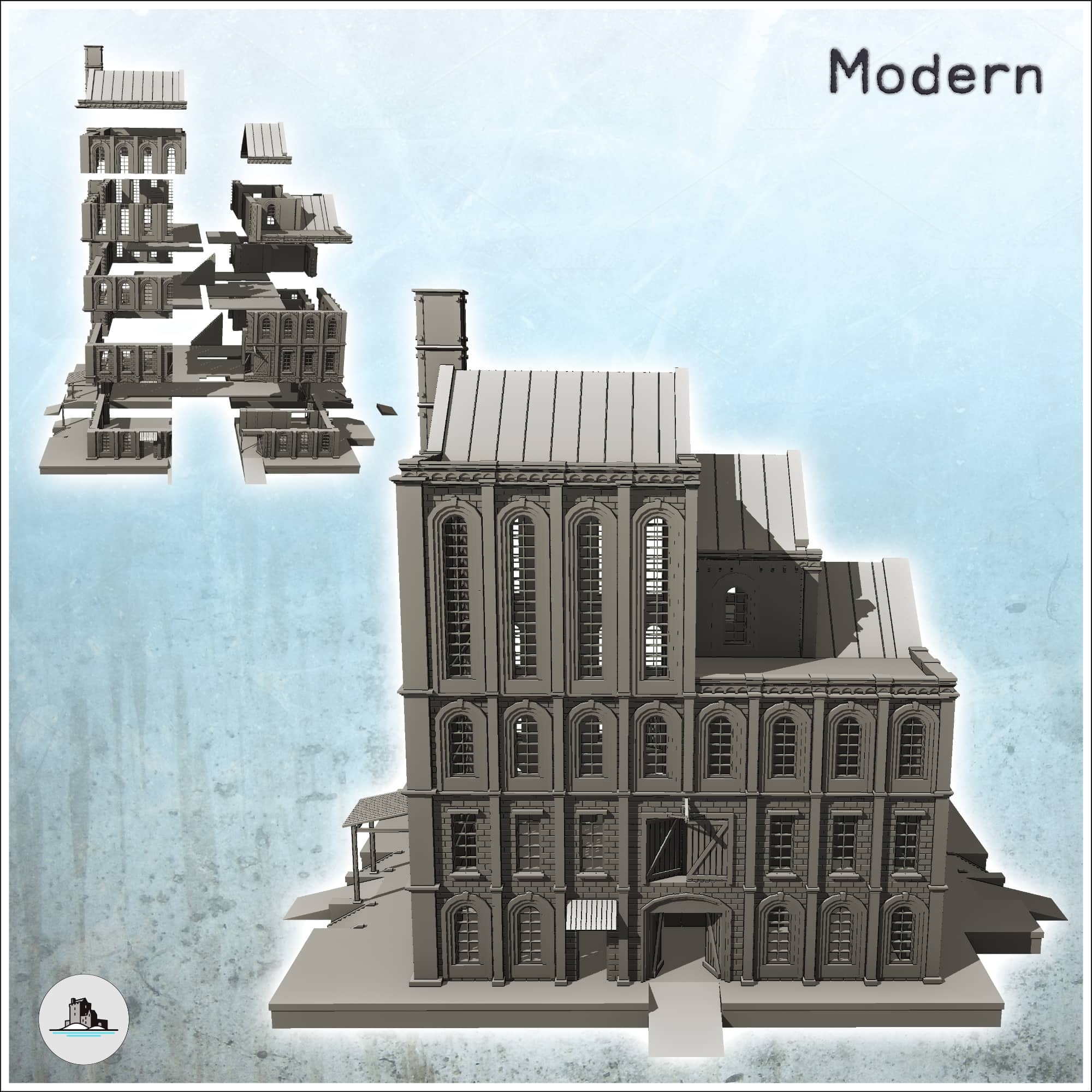 Large multi-storey brick factory on platforms with canopies and ramps ...
